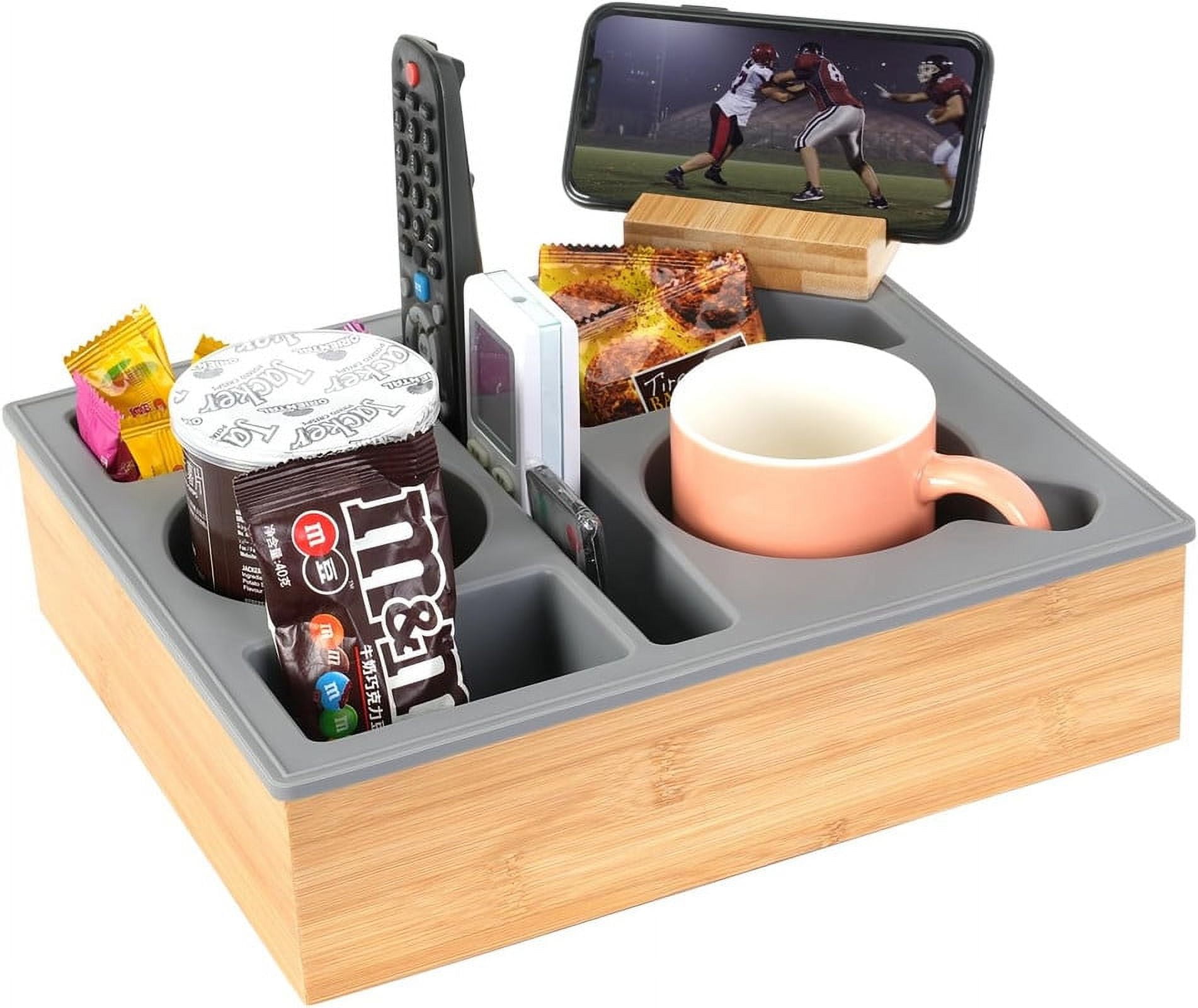 Hitseon Couch Cup Holder Tray, Handy Silicone Bamboo Couch Caddy with ...
