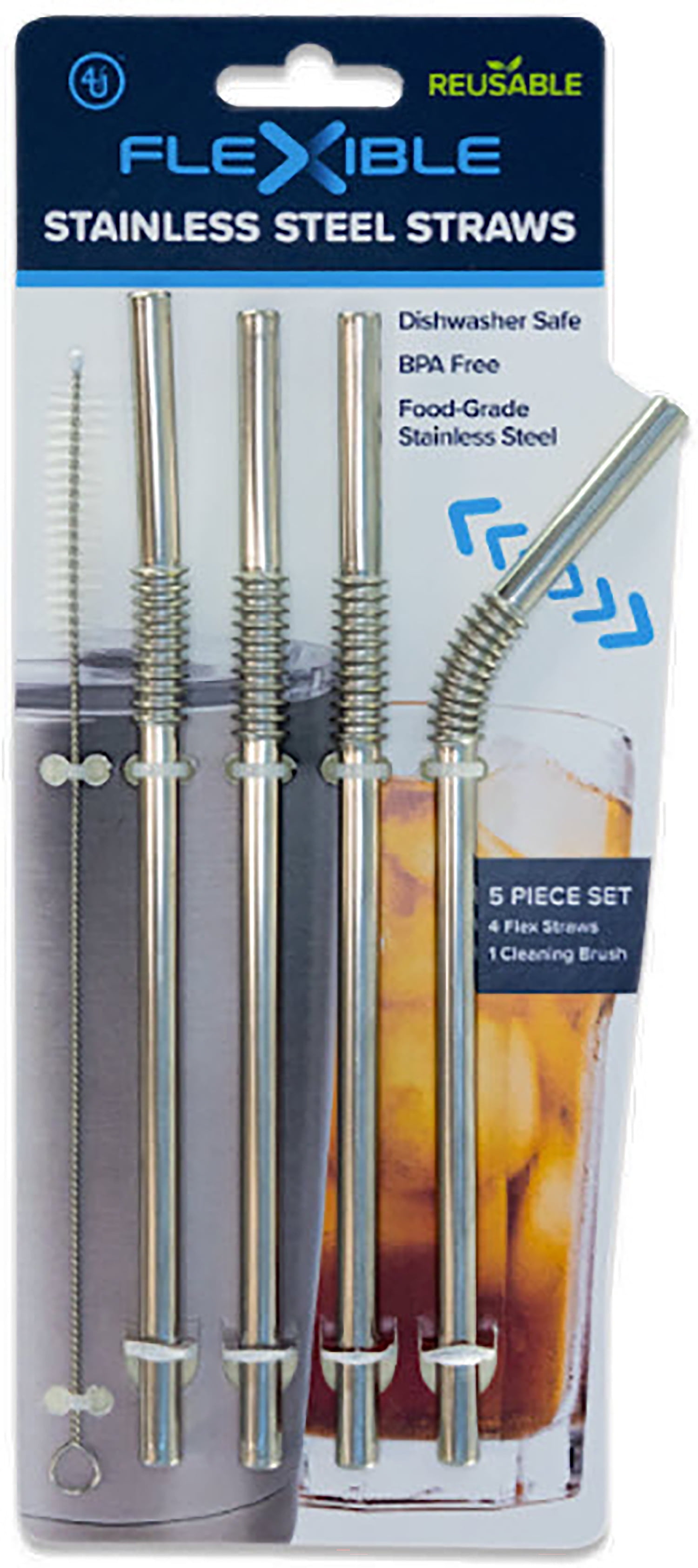 4th Utensil 3-Pack Flexible Stainless Steel Straws with Cleaning Brush ...
