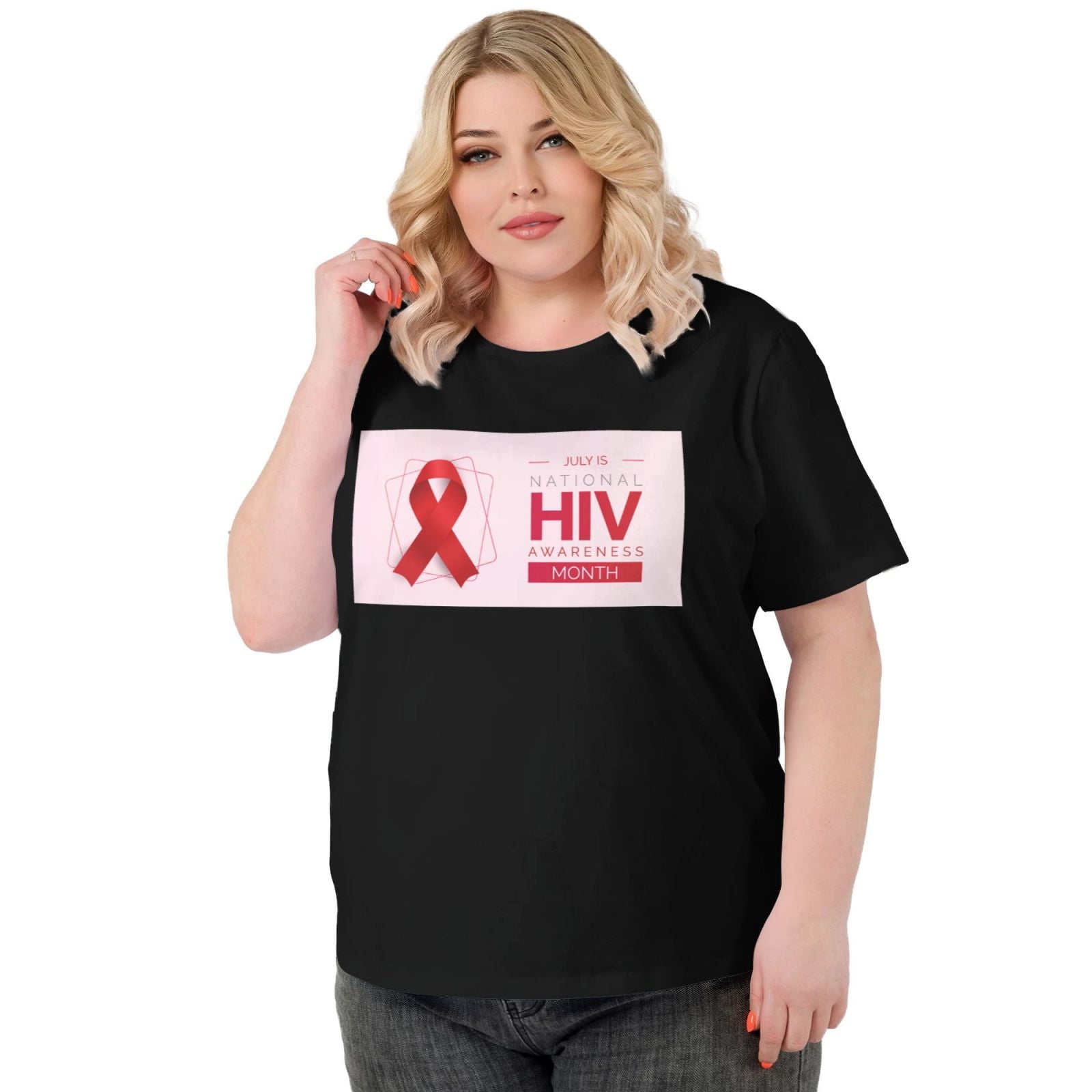 Hiv Awareness Month Red Ribbon Women'S Plus-Size Short Sleeve Crew Neck Tee Casual T-Shirt Loose ...