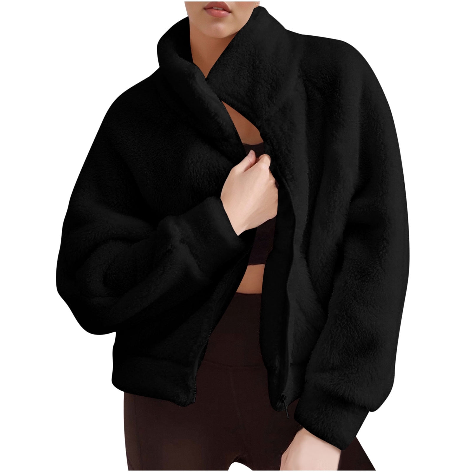 Hjlmsx Women Fuzzy Fleece Zip Up Jackets Stand Collar Sherpa Coats ...