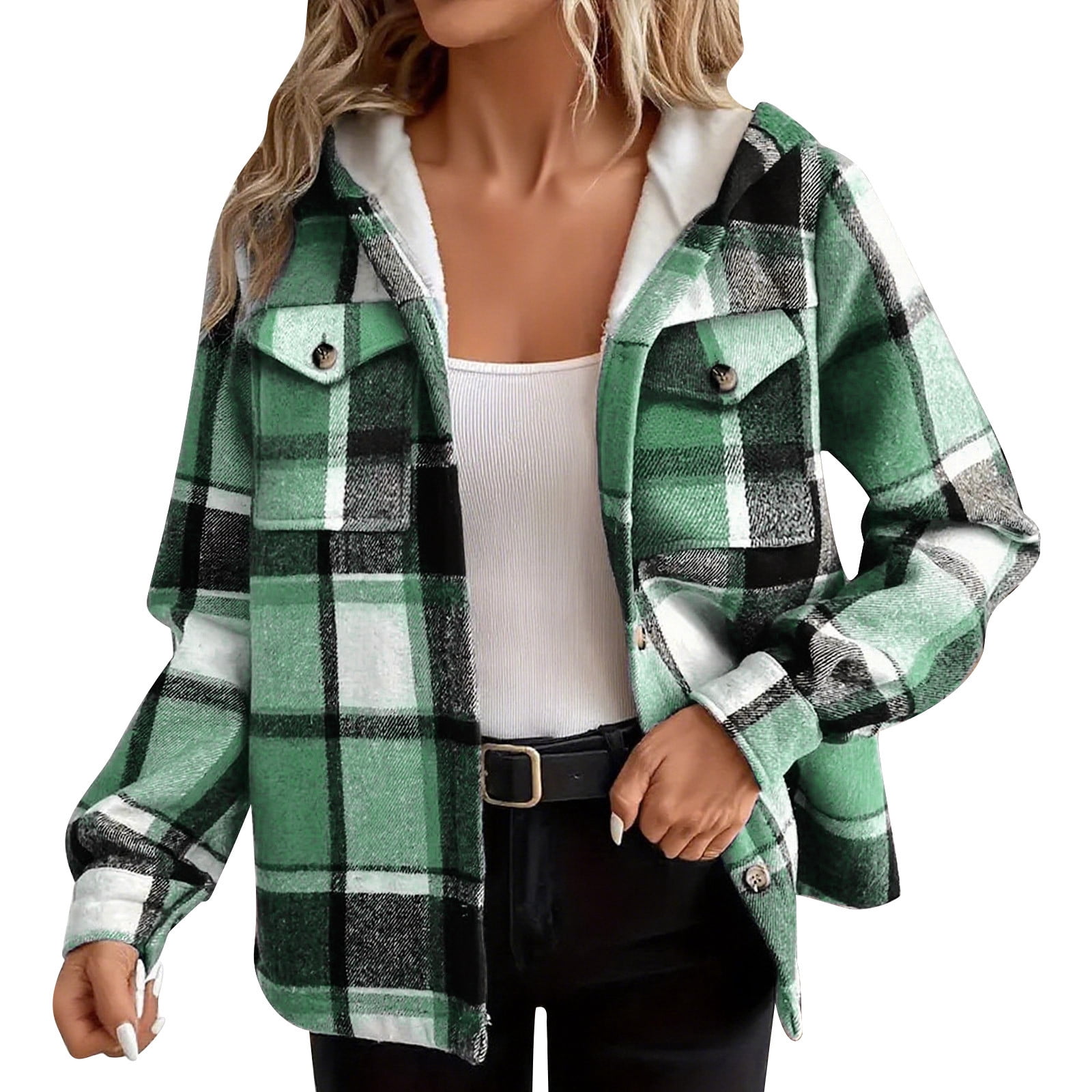 Hjlmsx Women's Fleece Lined Plaid Shacket Jacket Long Sleeve Button ...