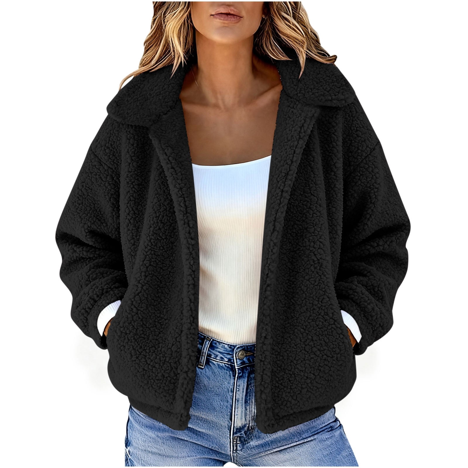 Hjlmsx Women's Fuzzy Sherpa Fleece Short Coat Casual Shaggy Jacket with ...