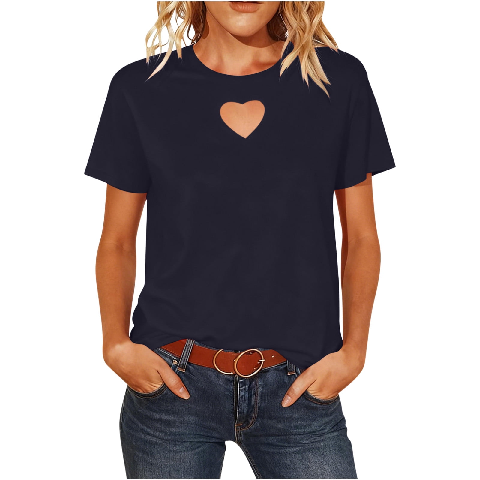Hjlmsx Women's Keyhole Neck Short Sleeve Tops Heart Shape Cut Out T ...