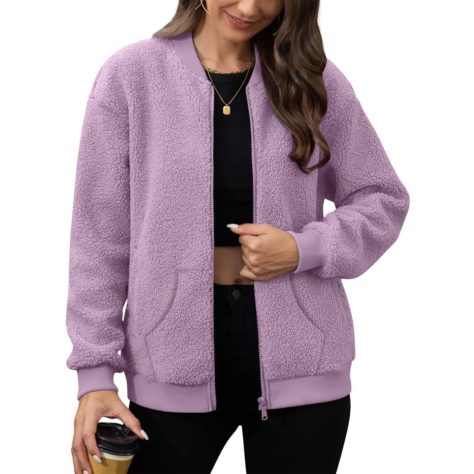 Hjlmsx Women's Sherpa Fleece Bomber Jacket Zip Up Long Sleeve Fuzzy ...