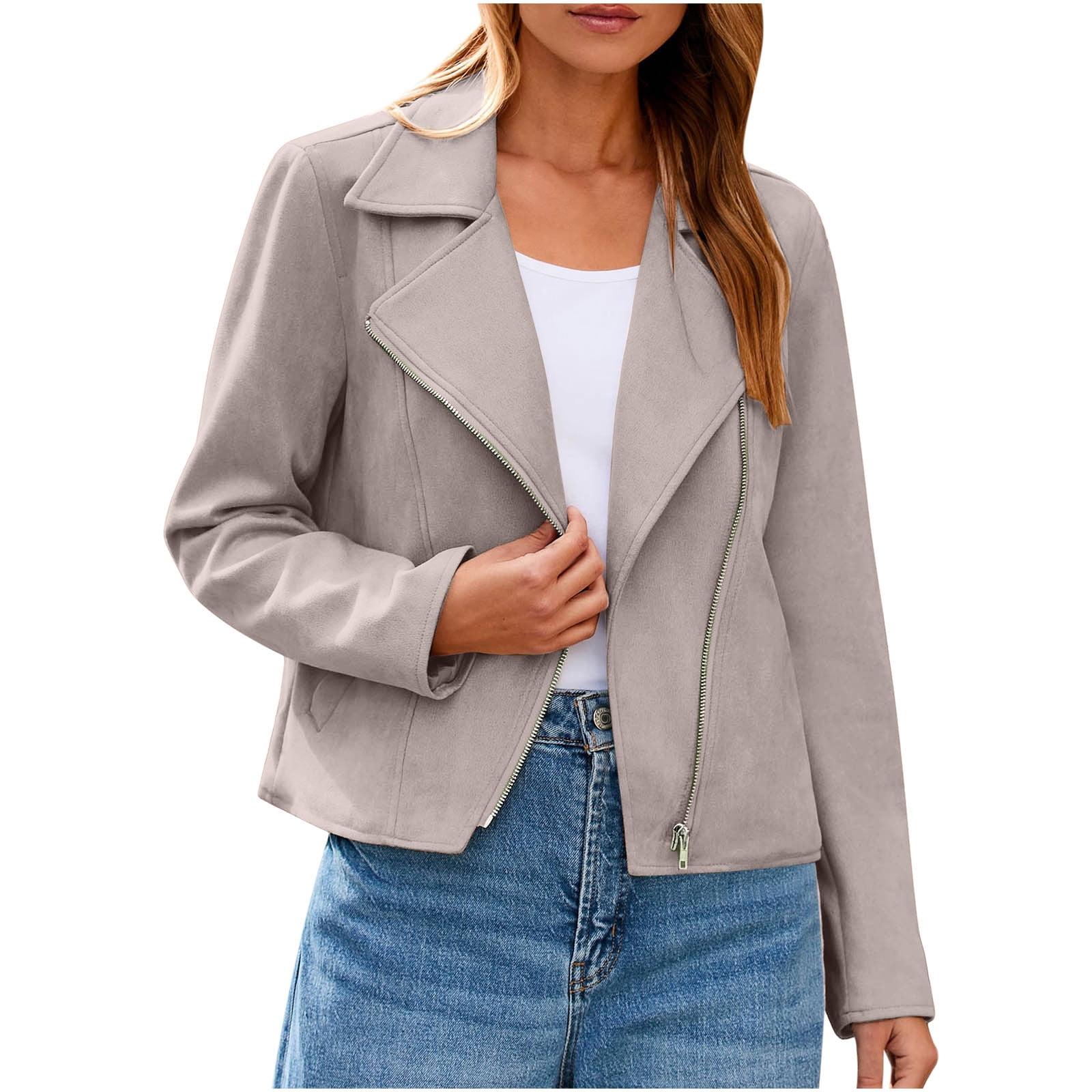 Hjlmsx Womens Faux Suede Jackets Long Sleeve Cropped Zipper Biker Moto ...