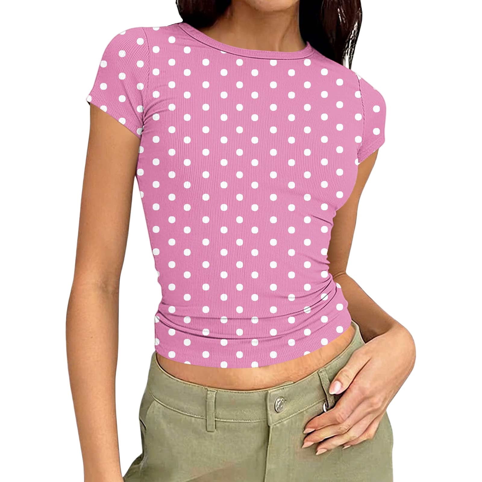 Hjlmsx Womens Polka Dot Short Sleeve Crop Tops Crew Neck Ribbed Knit T ...