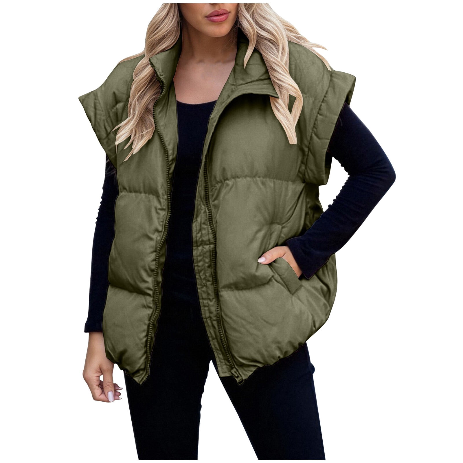 Hjlmsx Womens Quilted Puffer Vest Casual Stand Collar Cap Sleeve Jacket ...