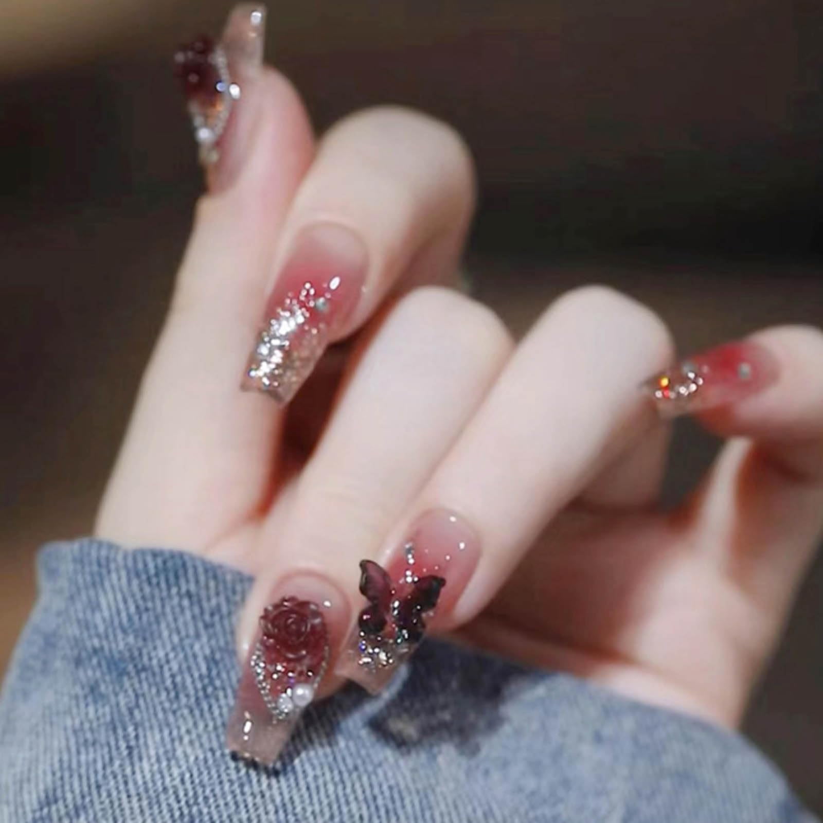 Hkanlre Bling Coffin Press on Nails Fake Nails Tips Full Cover Medium ...