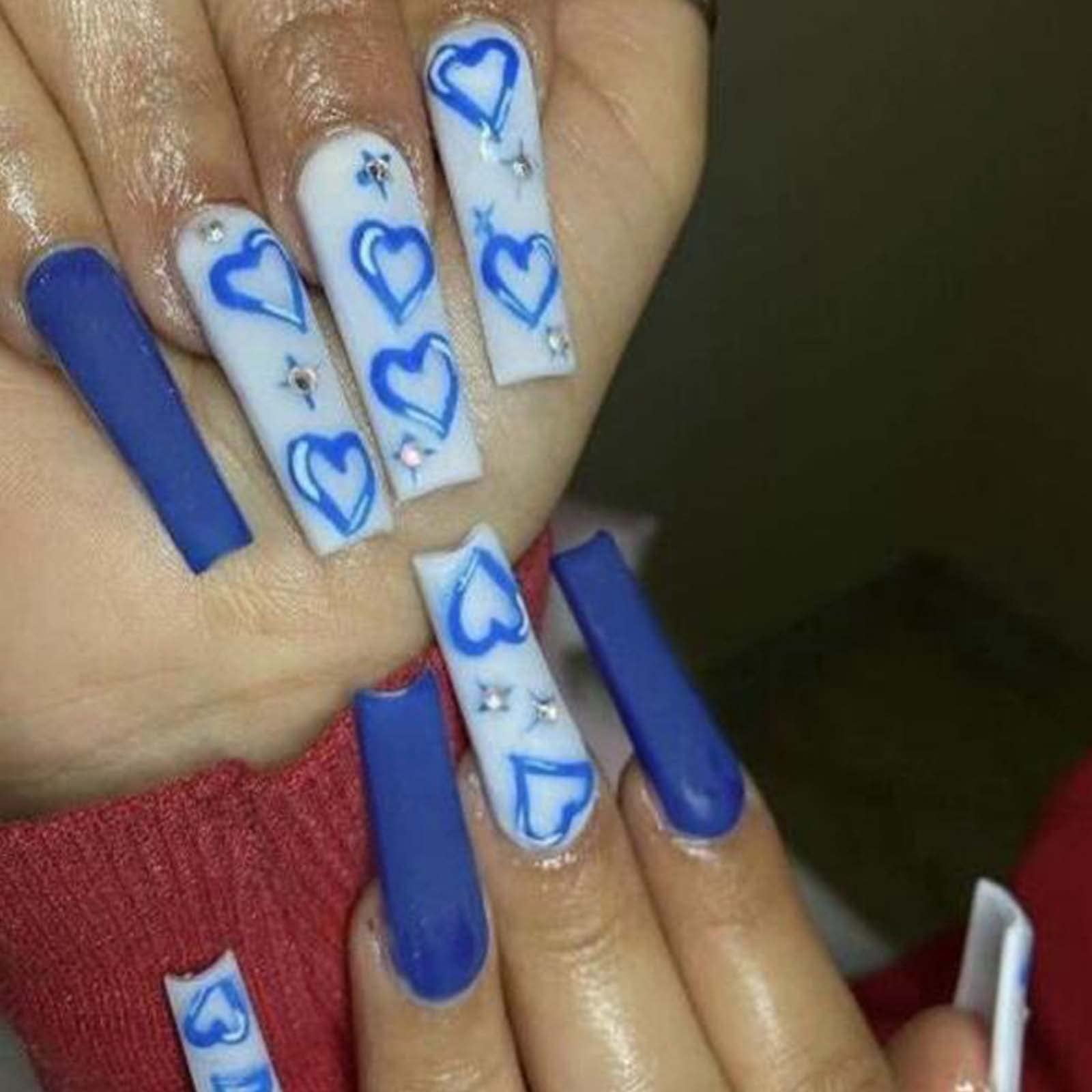 Hkanlre Blue Press on Nails Tips Coffin Long Heart Fake Nails Bling ...