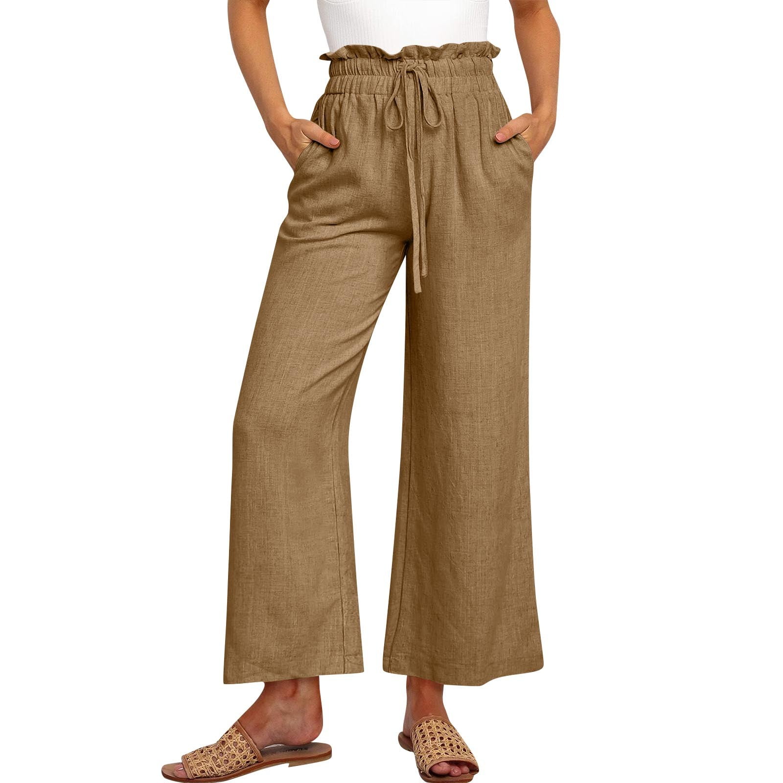 Hkcnichi Boho Pants For Women Cotton Linen Long Wide Leg Pants