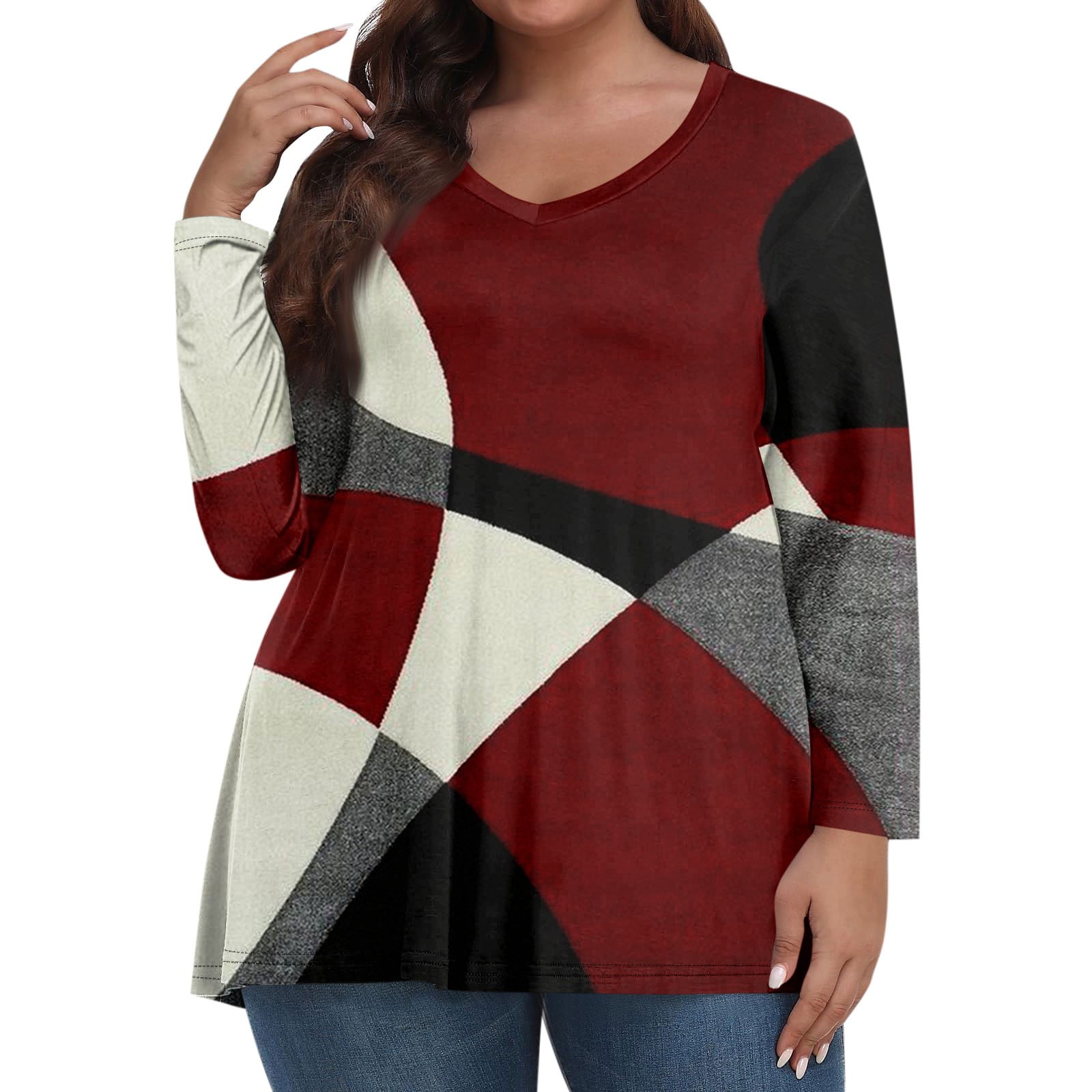 Hkibbfh Womens Plus Size Fall Tops Cute Fall Tunic Tops V Neck Long Sleeve Tees Dressy Casual