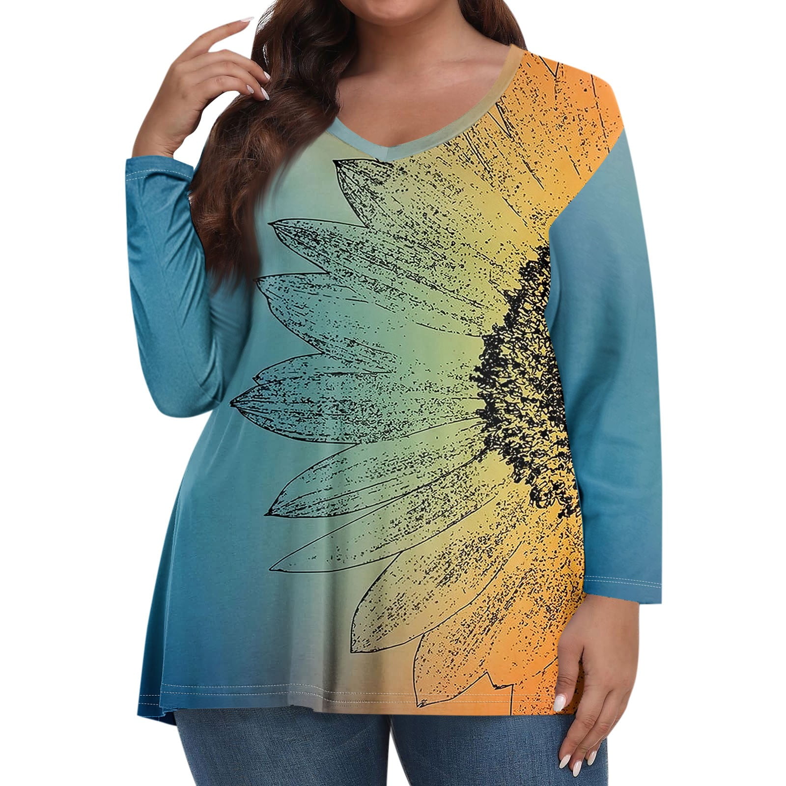 Hkibbfh Womens Plus Size Tops Fall Sexy Plus Size Tops V Neck Long Sleeve Tunic Womens Tops Plus