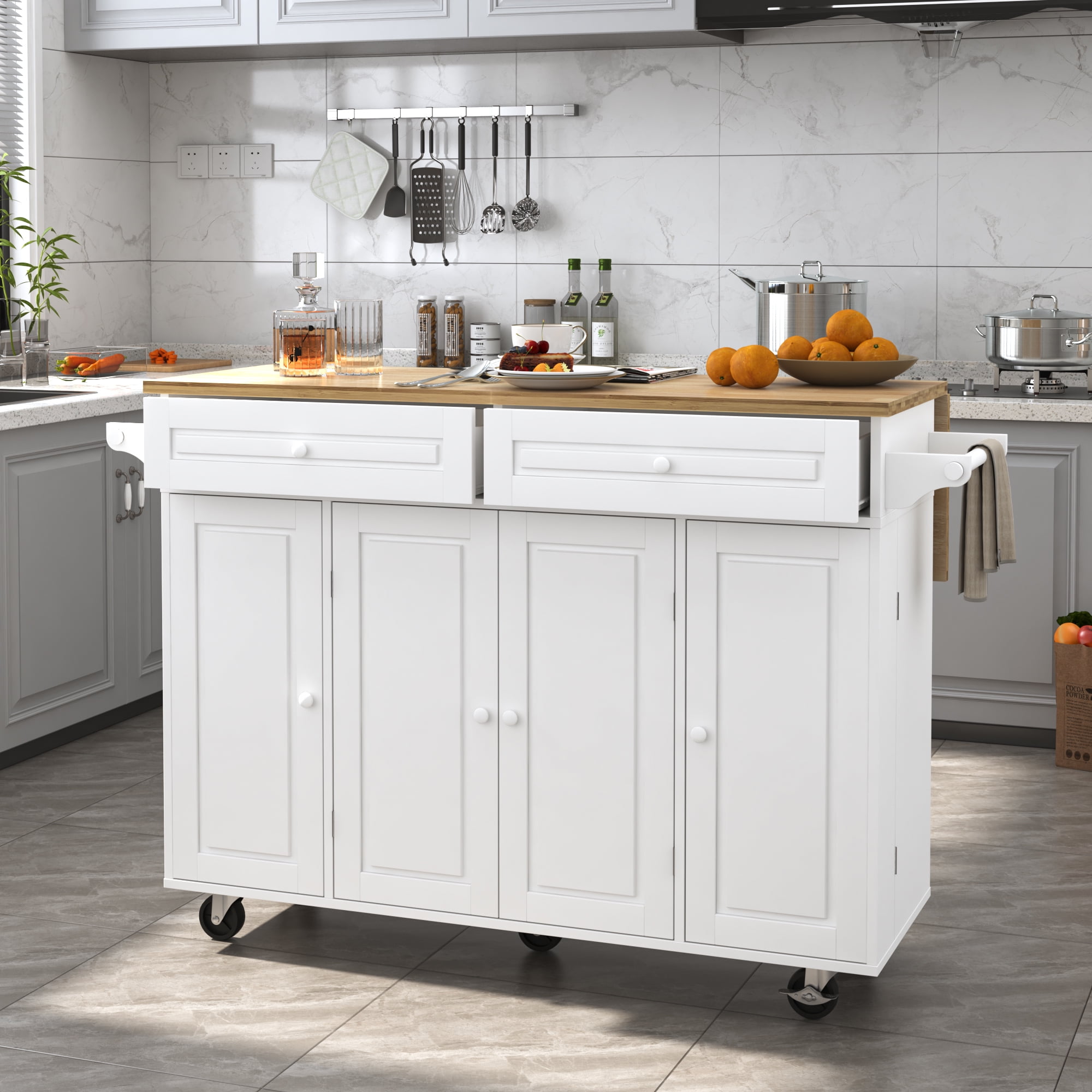 Hlivelood 55" Rolling Kitchen Island Carts with Drop Leaf, Kitchen Cart ...