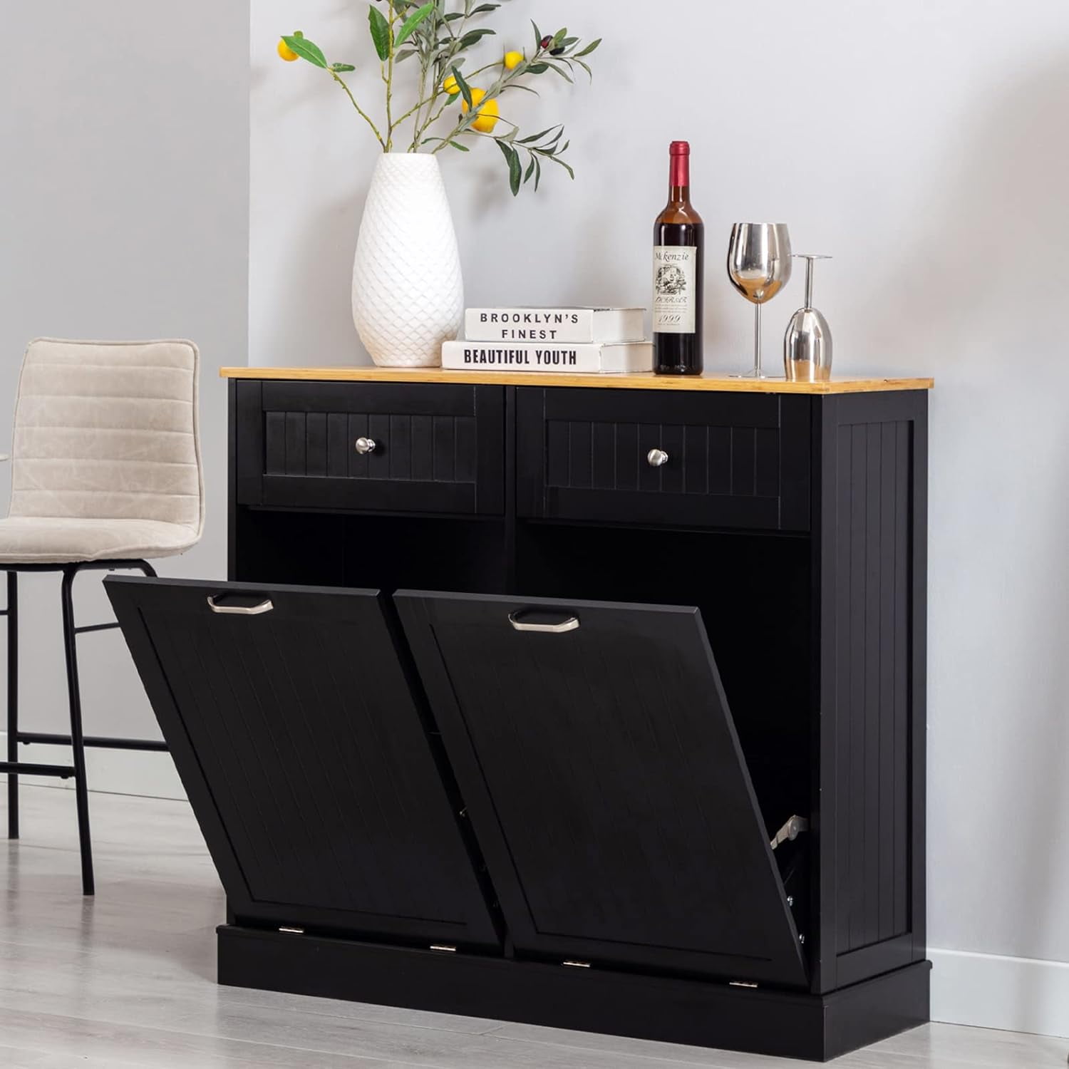 Hlivelood Double Trash Cabinet Tilt Out 20 Gallon, Pet Proof Kitchen ...