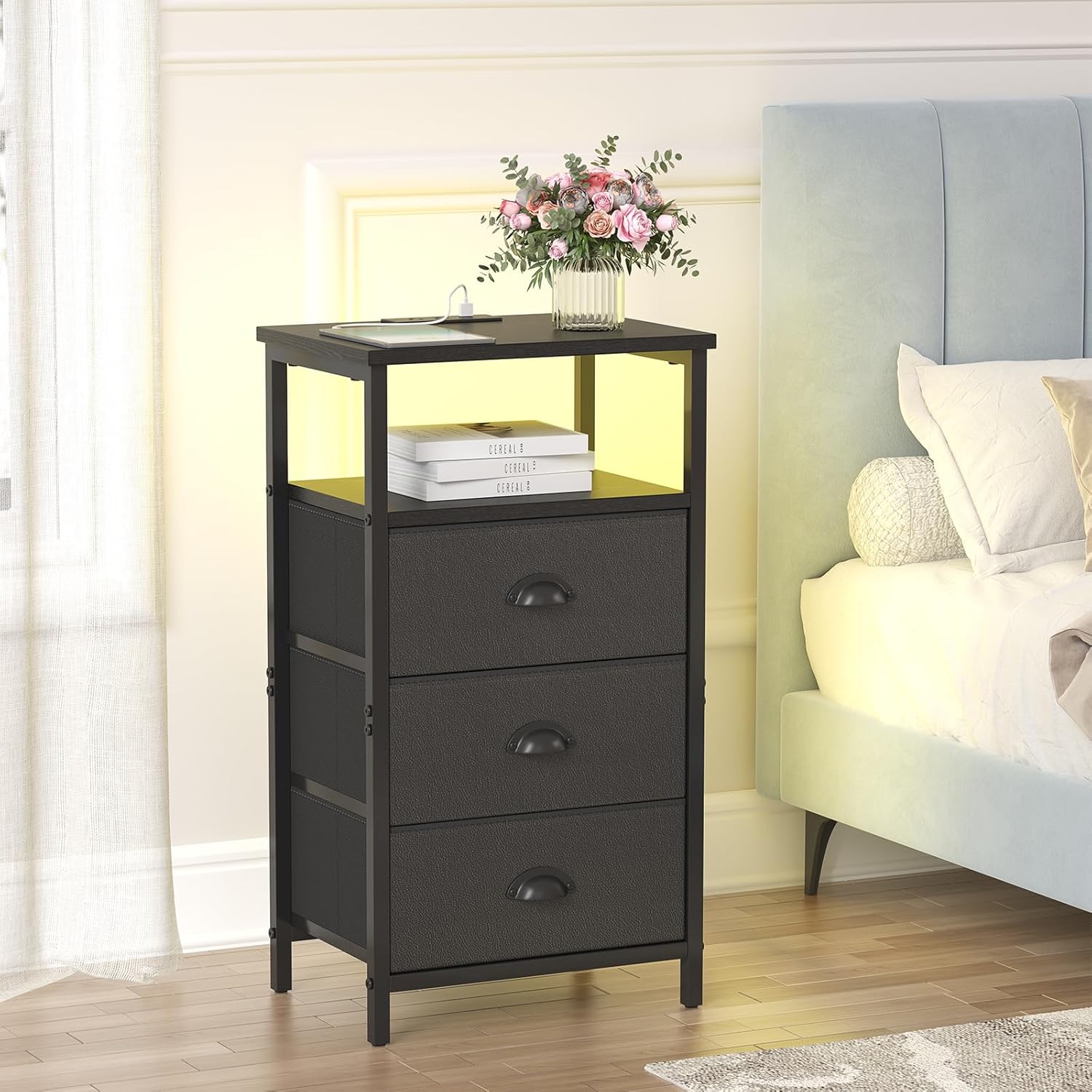 Hltor Nightstand with Charging Station LED Night Stand with 3 Fabric ...