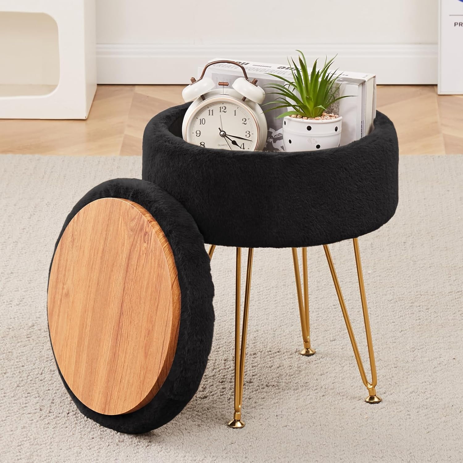 Hltryo Ottomans Round Faux Fur Ottoman with Storage Footstools Vanity ...