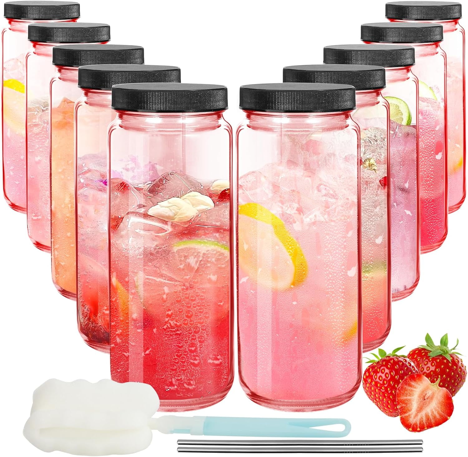 Hltser 16oz 10 Pack Juice Bottles Glass Bottles with Lids Smoothie Cup ...