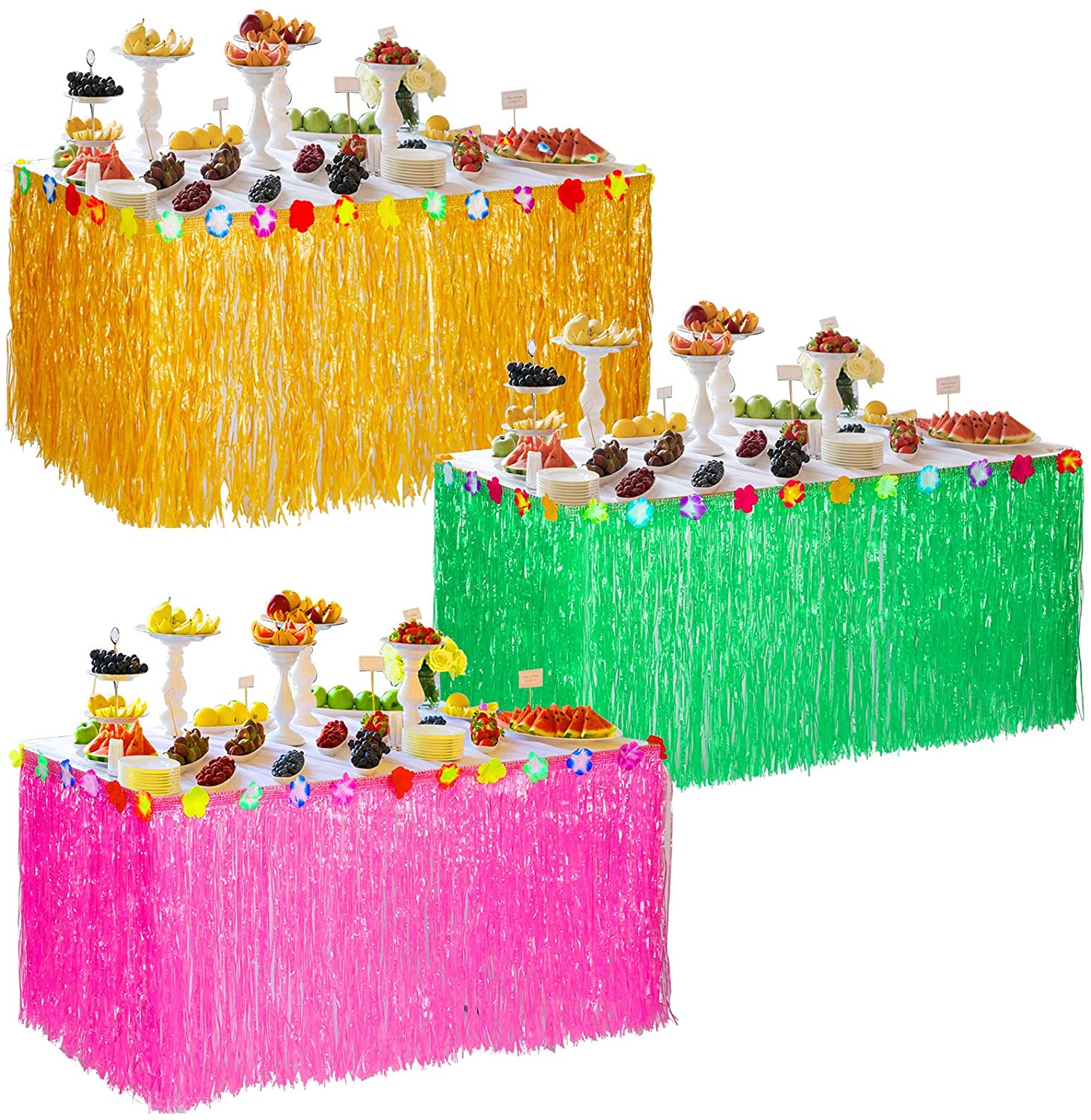 Hltser 3 Pieces Hawaiian Table Skirt Tropical Luau Grass Table Skirt 9 ...