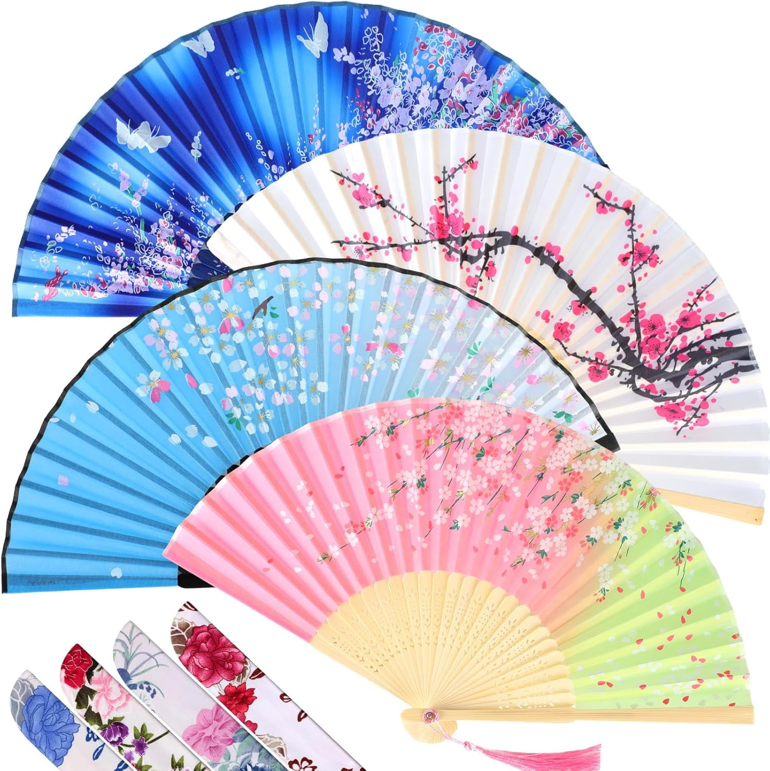 Hltser 4 Pack Handheld Floral Folding Fans Hand Held Silk Bamboo Fans ...