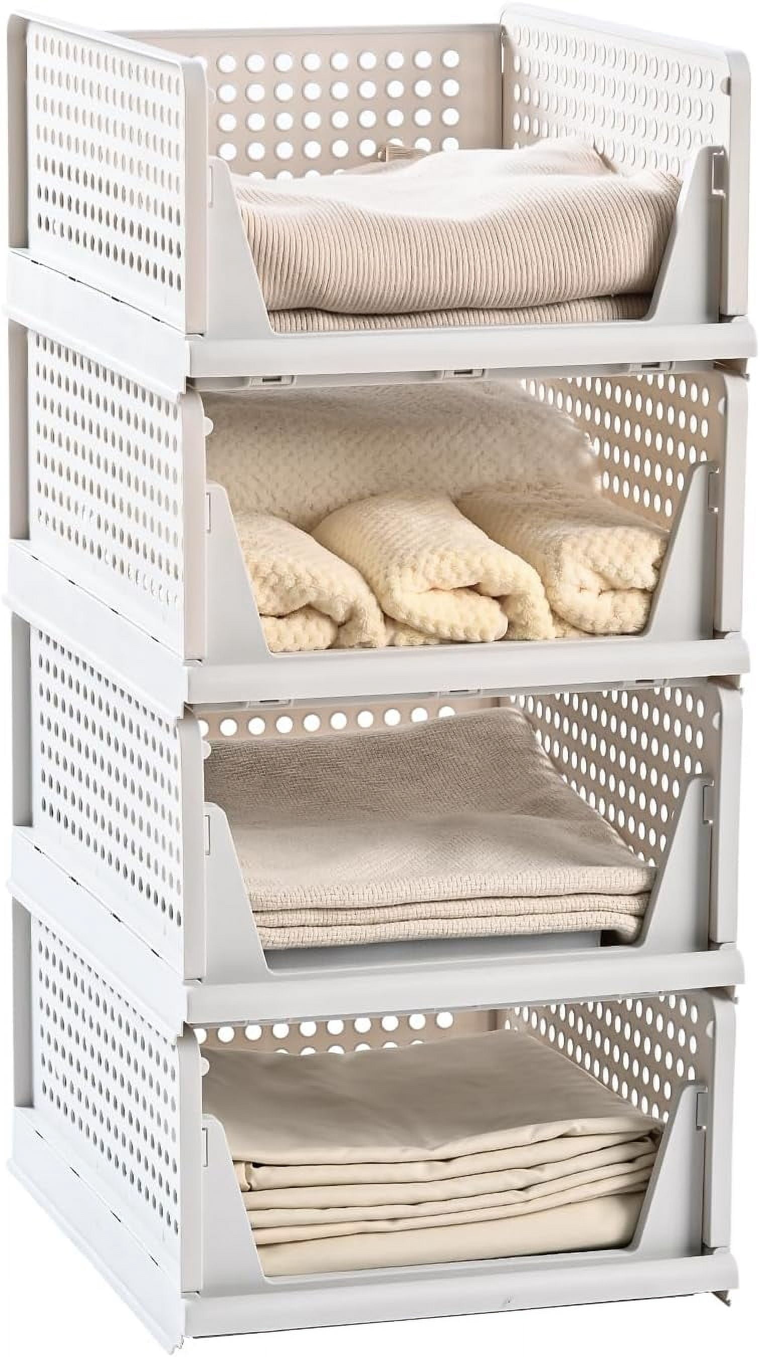Hltser 4 Pack Stackable Plastic Storage Basket-Foldable Closet ...