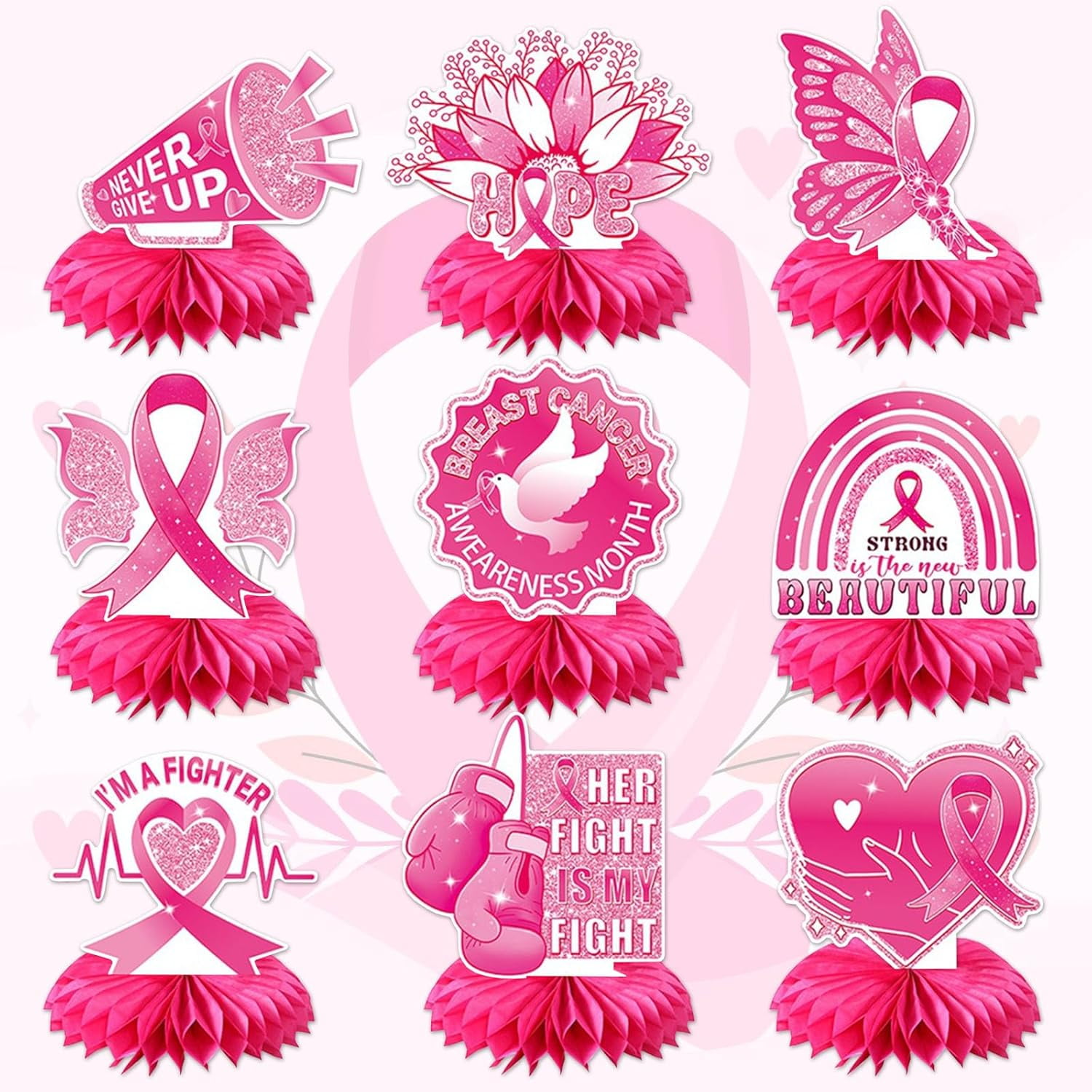 Hltser 9PCS Breast Cancer Awareness Honeycomb Table Centerpiece for ...