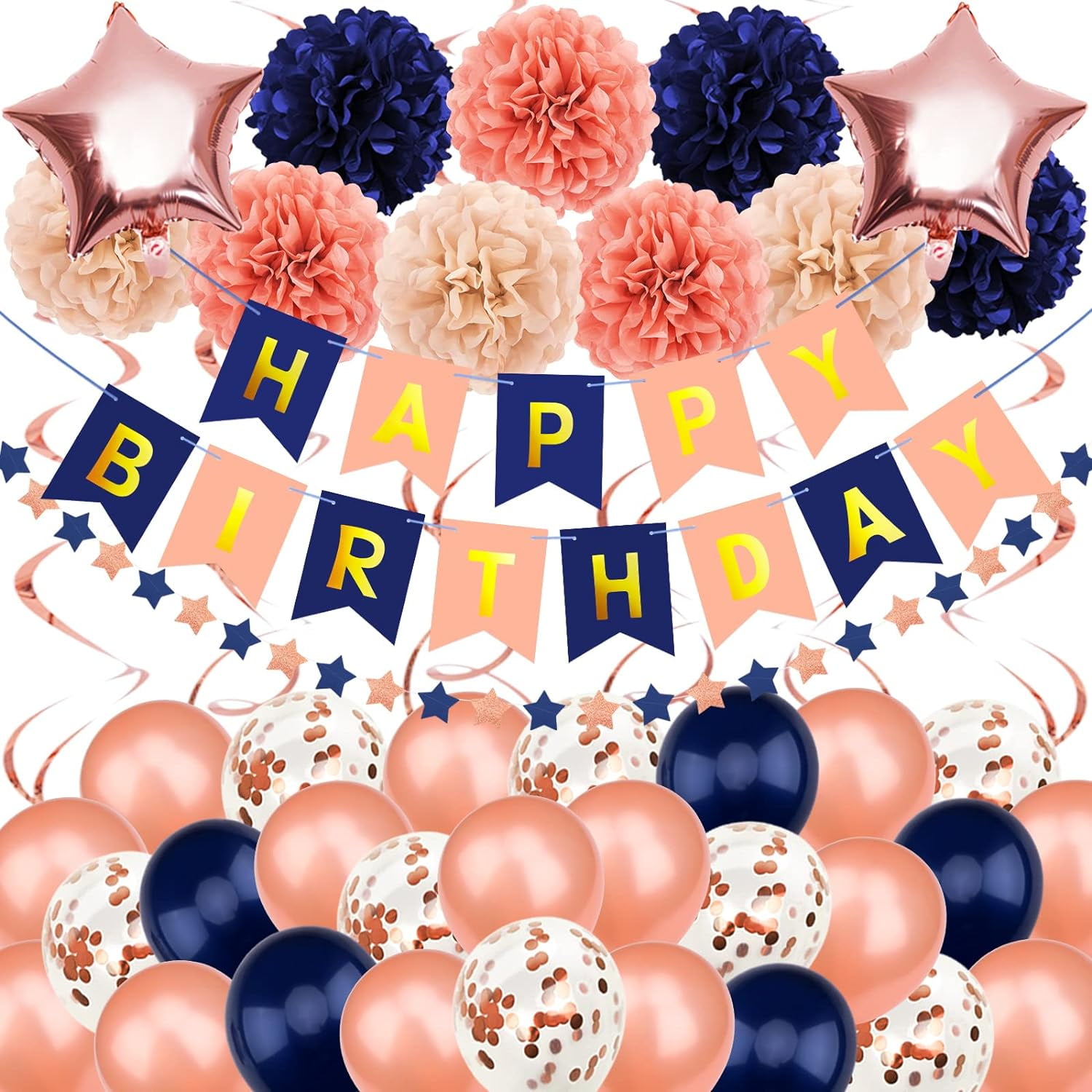 Hltser Birthday Decoration Happy Birthday Banner Tissue Paper Pom Poms Hanging Paper Fan Set and ...