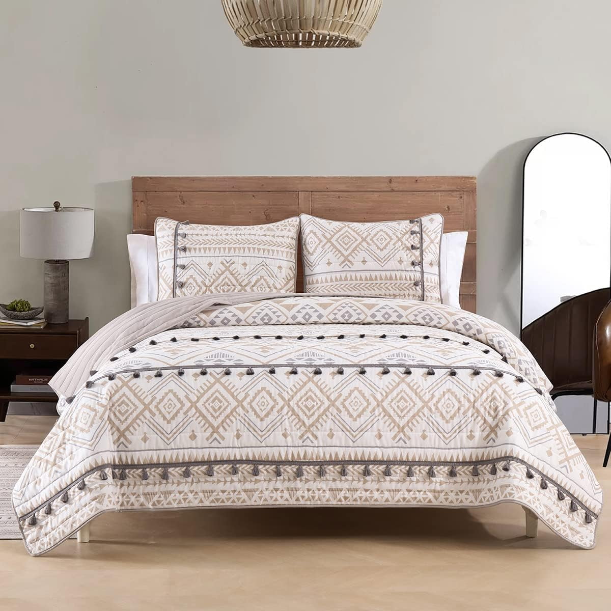 Hltser Boho Style Queen Quilt Set Reversible Bohemian Floral Strip ...