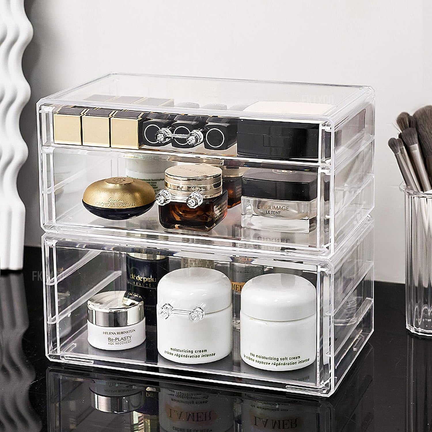 Hltser Clear Stackable Makeup Organizer with Drawer Vanity Countertop ...