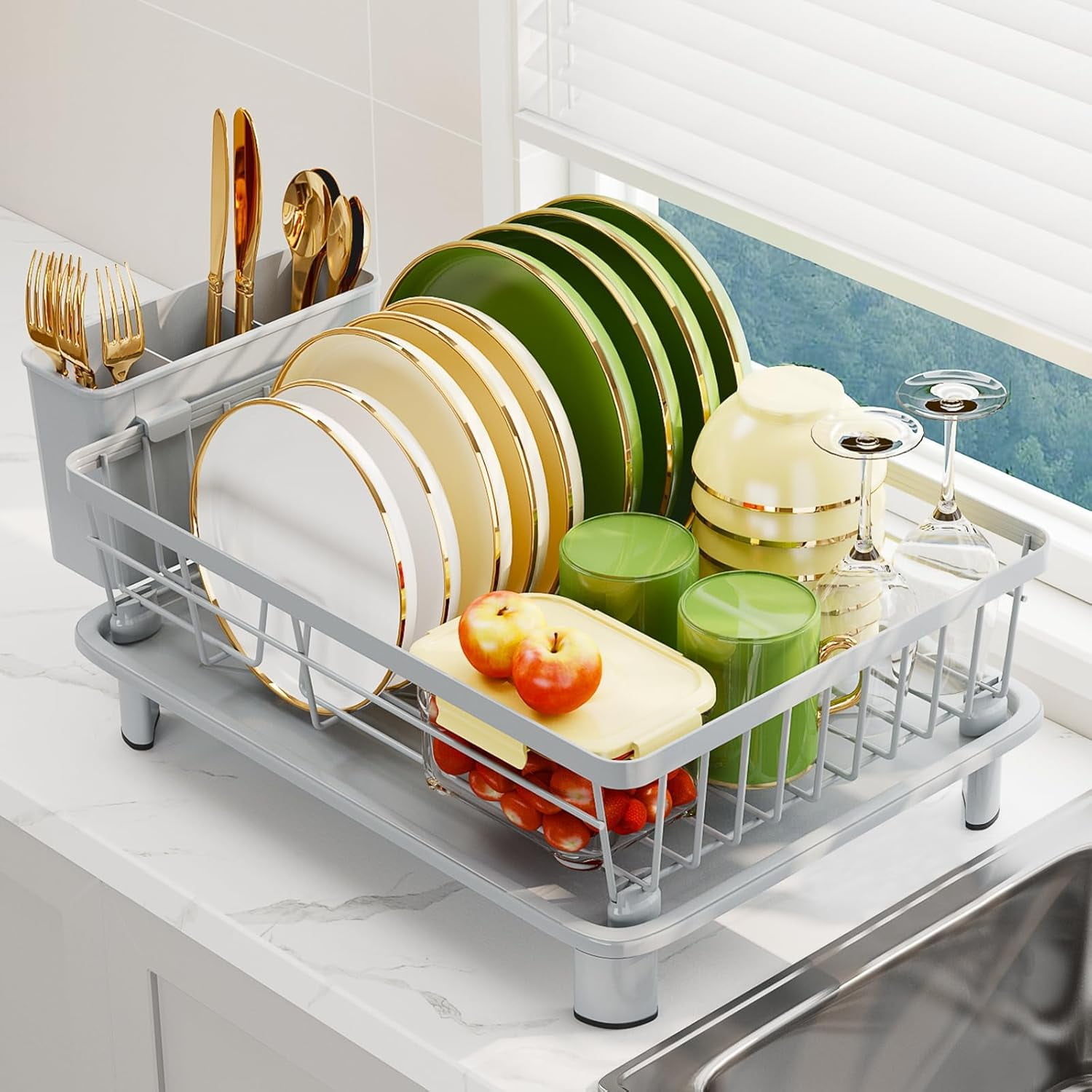 Hltser Dish Drainer Rack with Drip Tray Sink Dish Drainer with Drainage ...