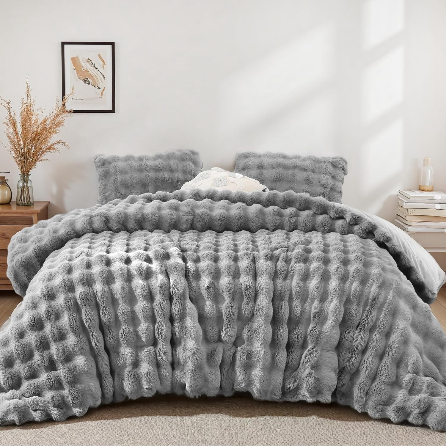 Hltser Fluffy King Size Comforter Set - Darkgray Faux Fur Comforter ...