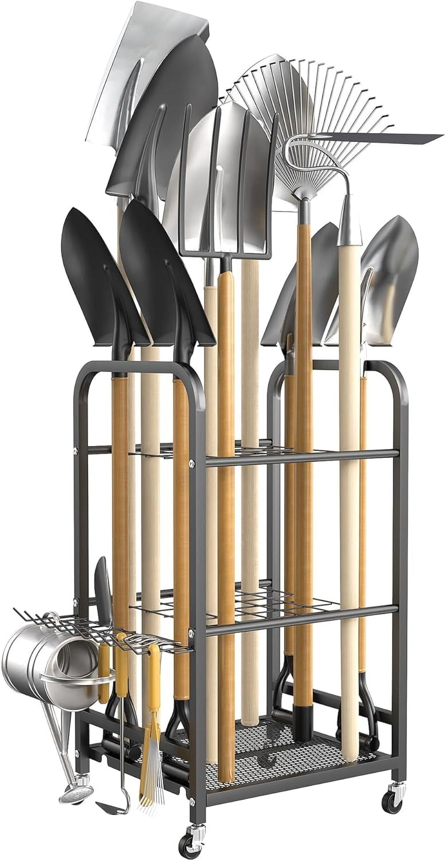 Hltser Garden Tool Organizer Stand with Wheels Rakes Shovels Tools ...