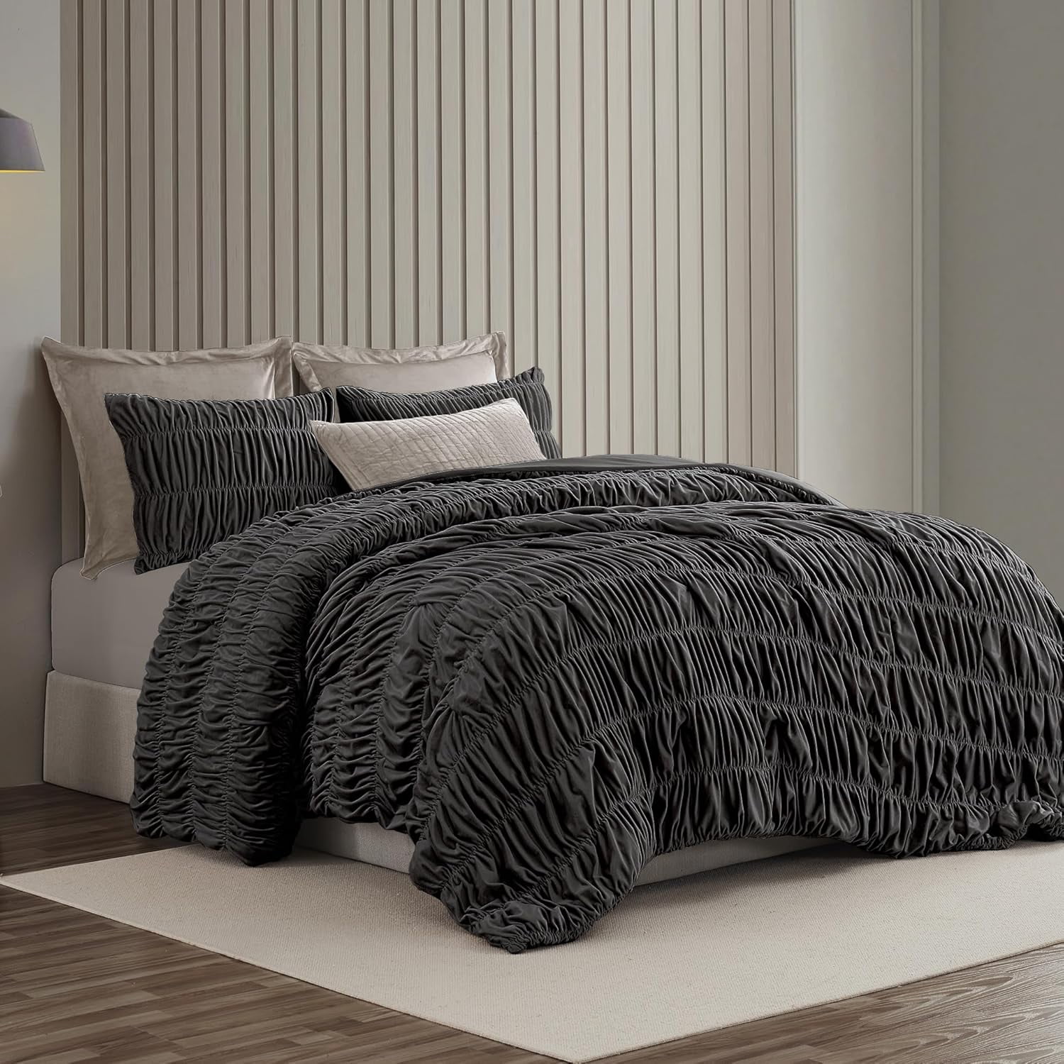 Hltser Luxury Ruched Velvet King Size Cream Quilt Set Handcrafted ...