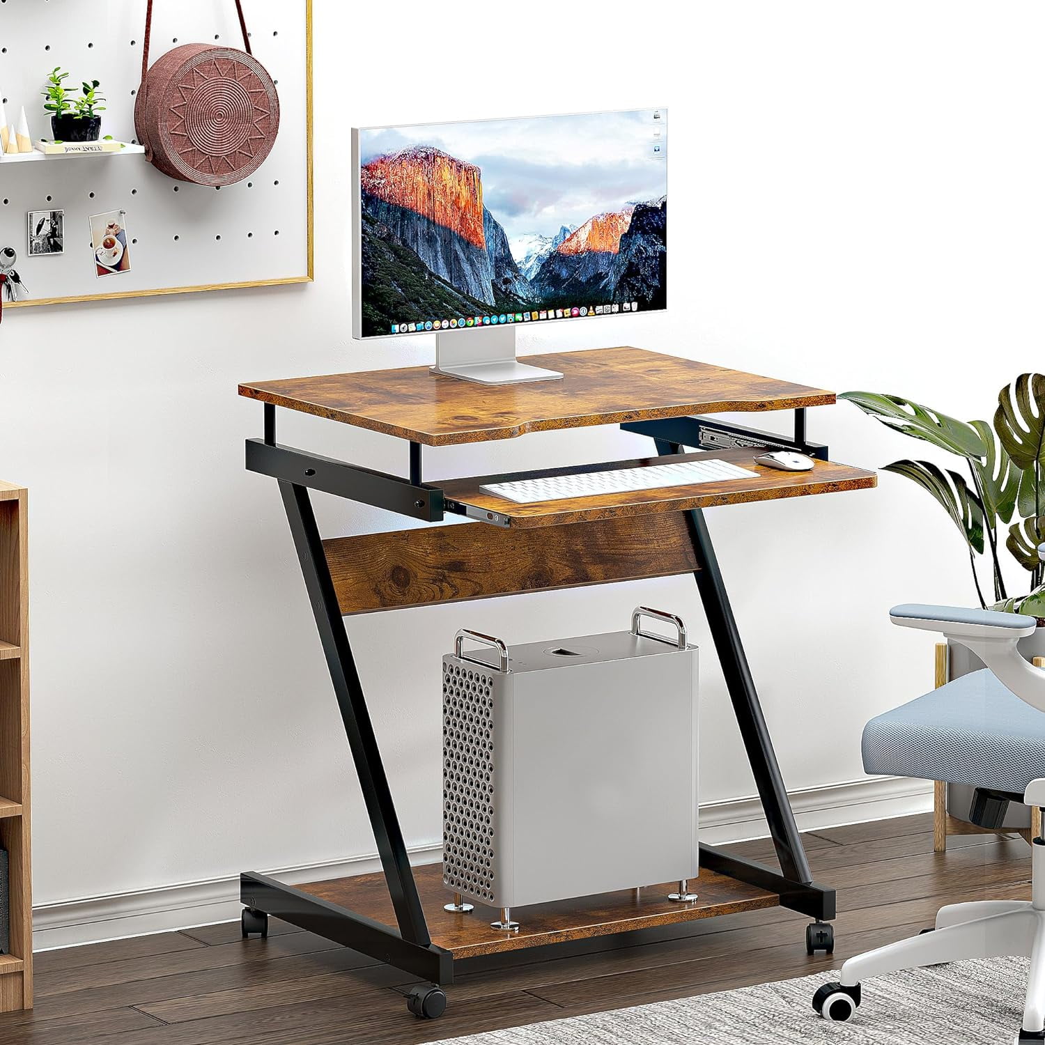 Hltser Retro Computer Desk Small Mobile Workstation with Keyboard Tray ...
