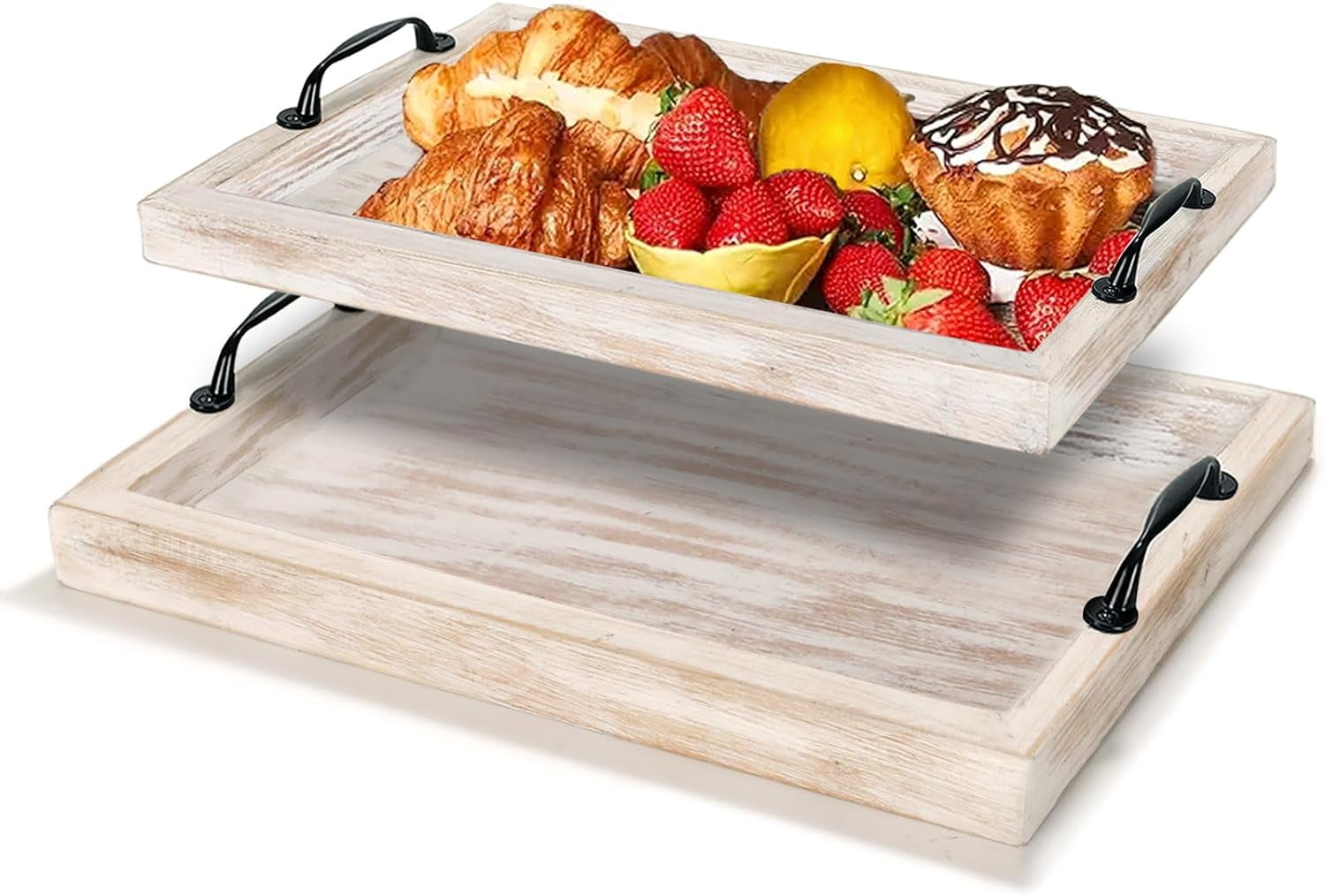 Hltser Rustic Farmhouse Wooden Serving Tray with Handles Nesting White ...