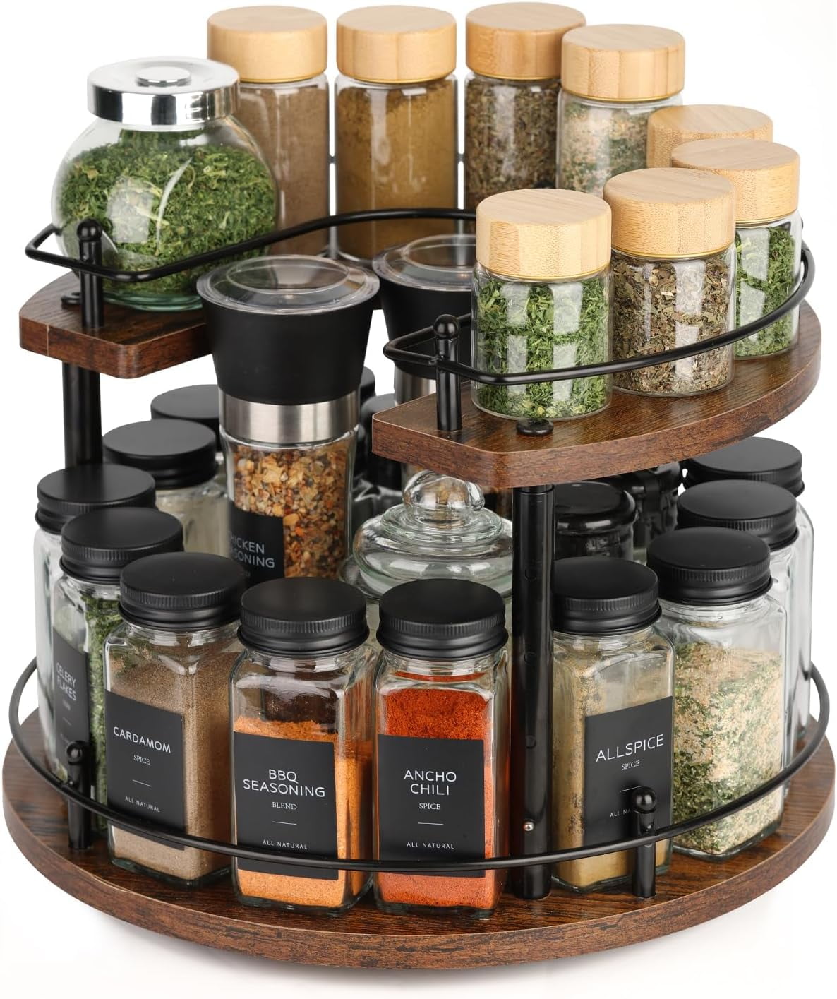 Hltser Turntable Lazy Susan Organizer Spice Rack 2Tier Wooden Spinning ...
