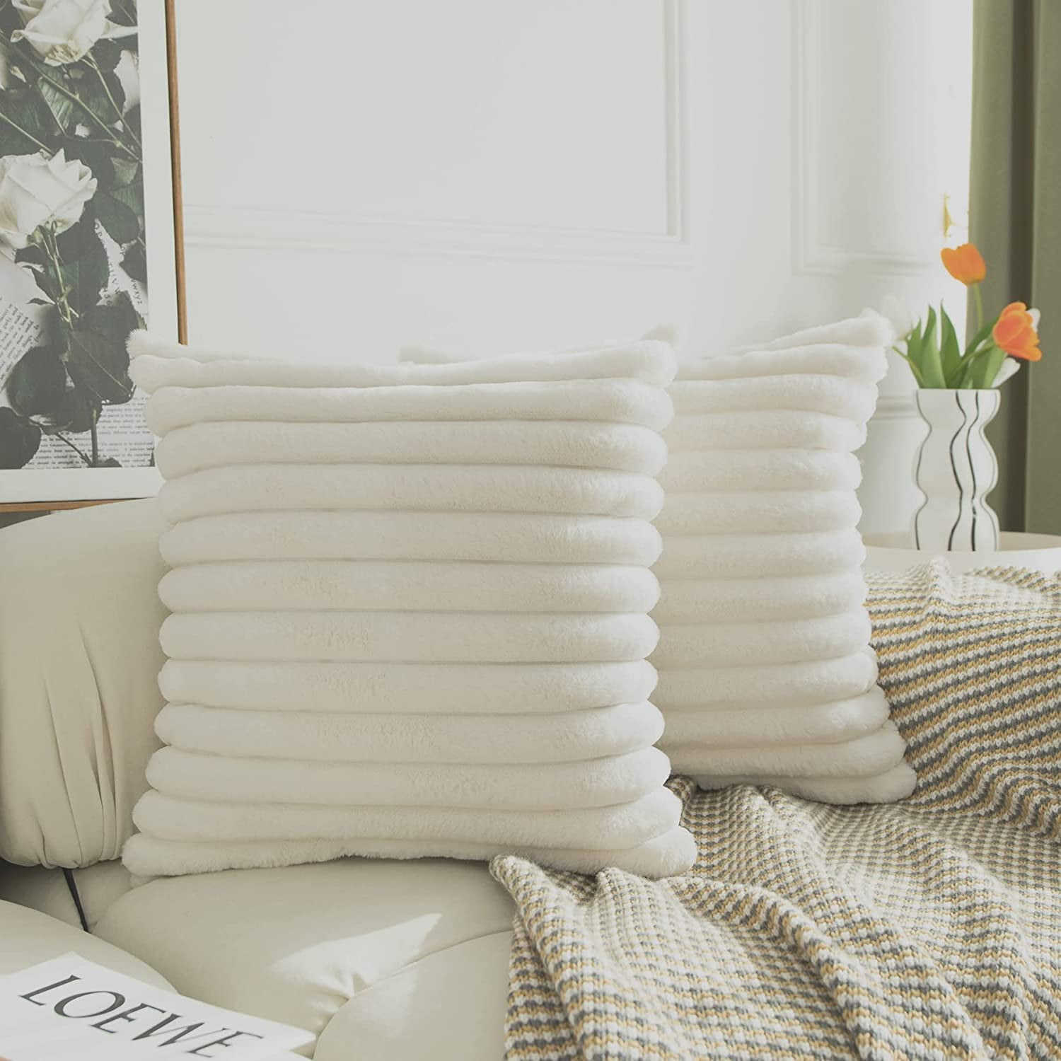 Hltser White Fluffy Decorative Throw Pillow Covers Double-Sided Striped ...