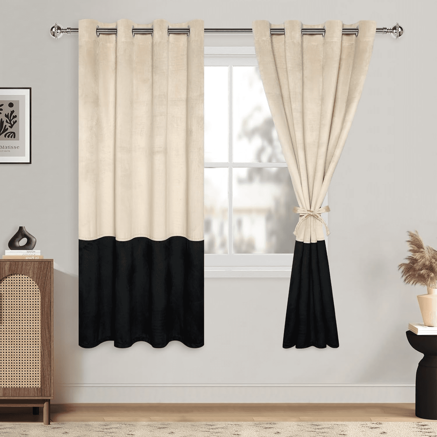 Hltsor Beige Black Velvet Color Block Curtains 63 inches Long with ...