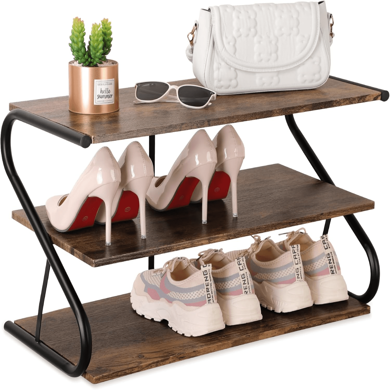 Hltsor Shoe Rack 3 Tier Z-Shaped Shoe Racks for Closet Wood Framed Shoe ...