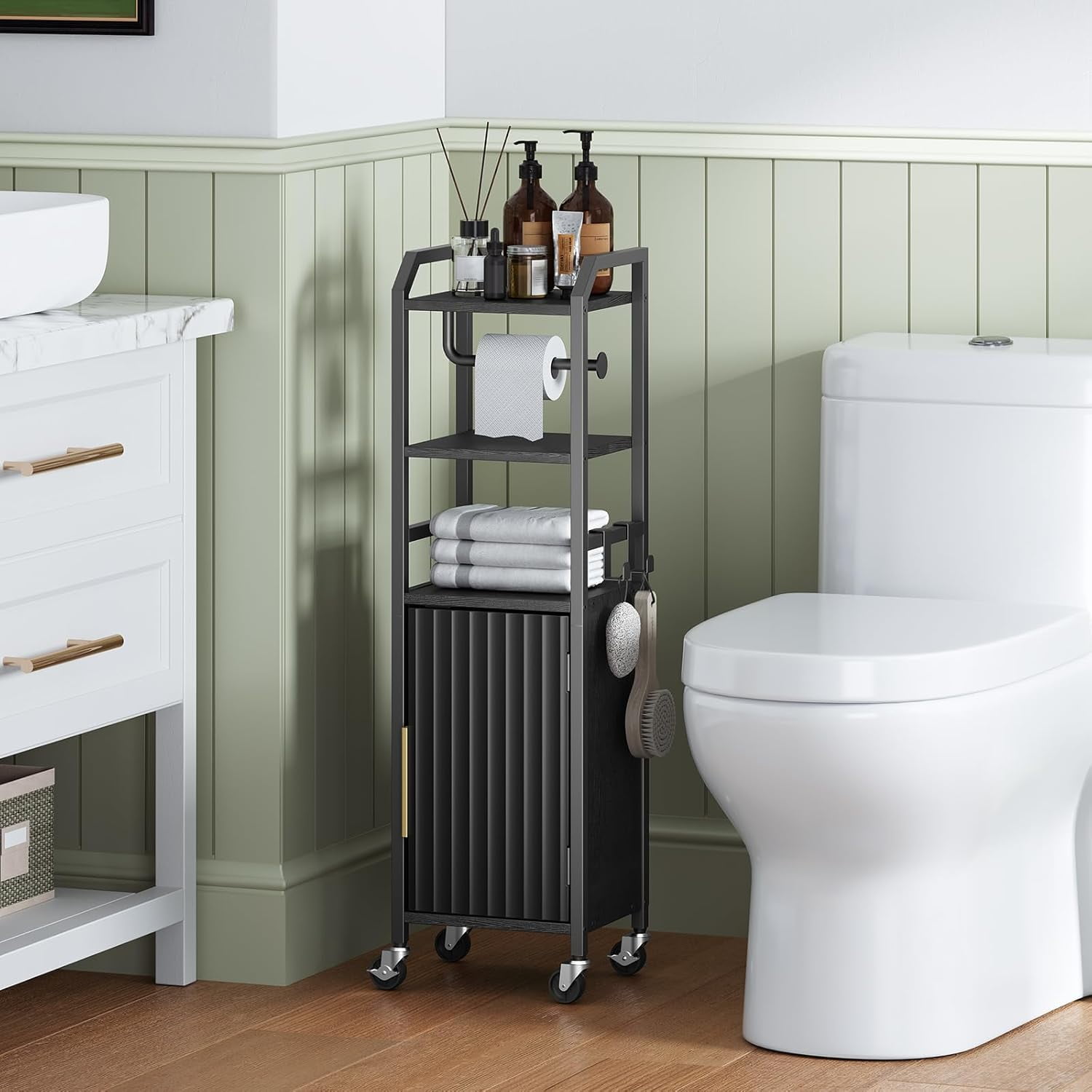 Hltsor Small Bathroom Storage Cabinet Slim Corner Floor Cabinet with ...