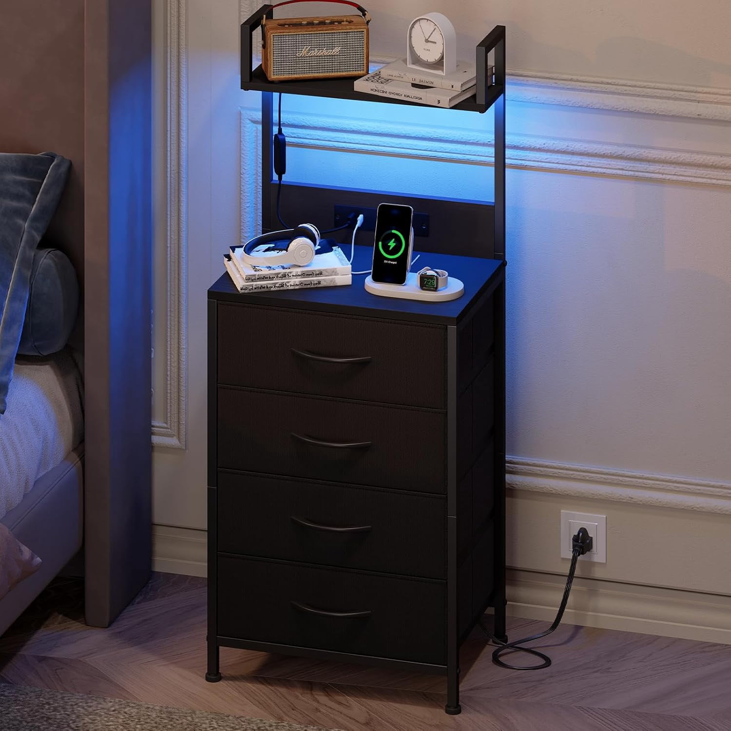Hltyun Nightstand with Charging Station and LED Lights Bedside Table ...