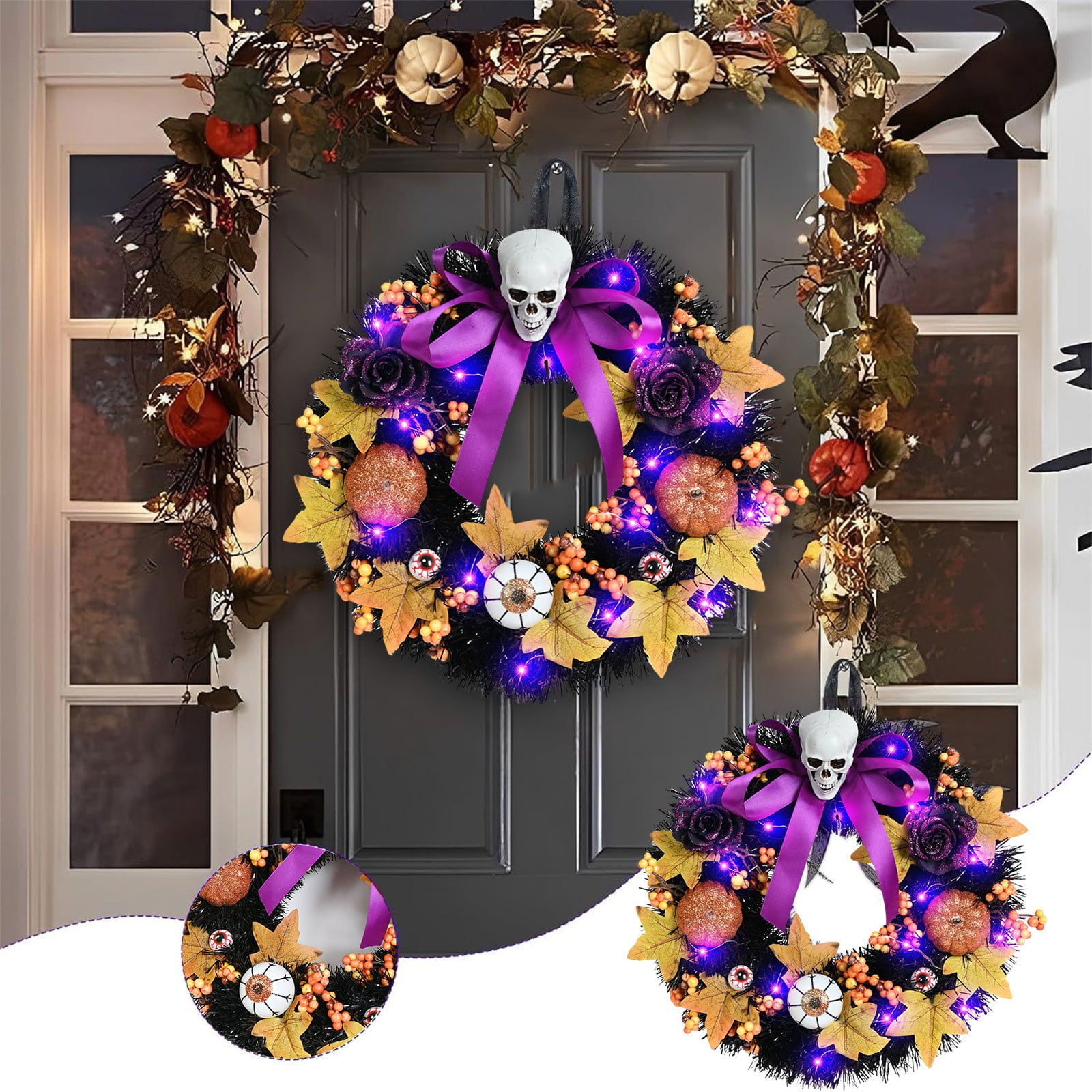 HmNPlay 15 Inch Lighted Skeleton Head Halloween Wreath with Pumpkins ...