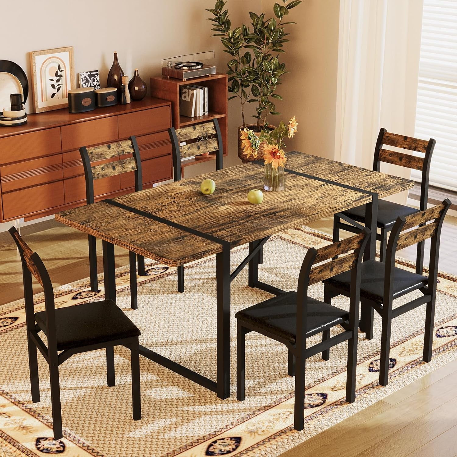 Cvortll 7 Pieces Dinner Table Set for 6, 55" Farmhouse Faux Wood ...