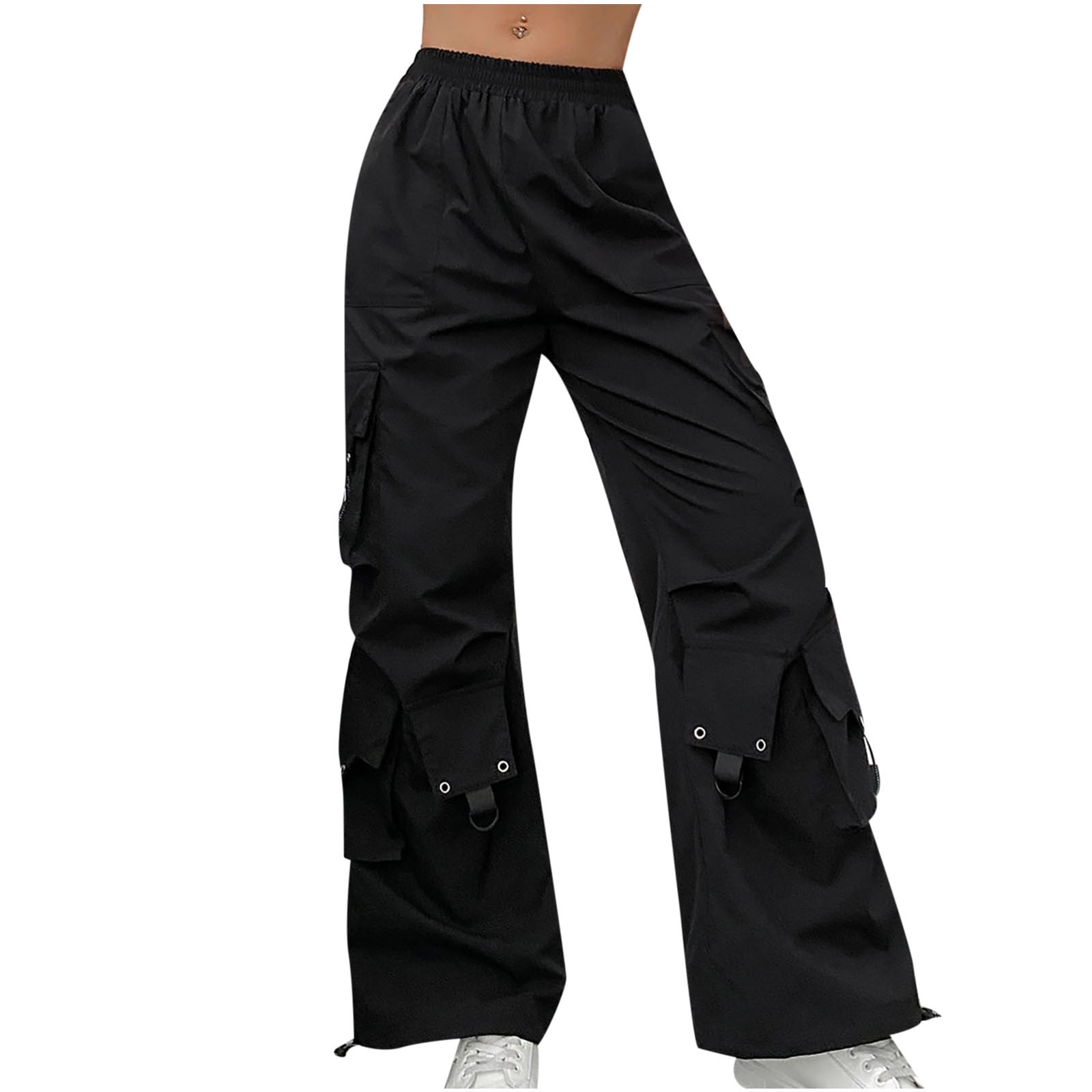 Hngshg Trendy Cargo Pants For Women Elastic Low Waist Wide Leg Pants