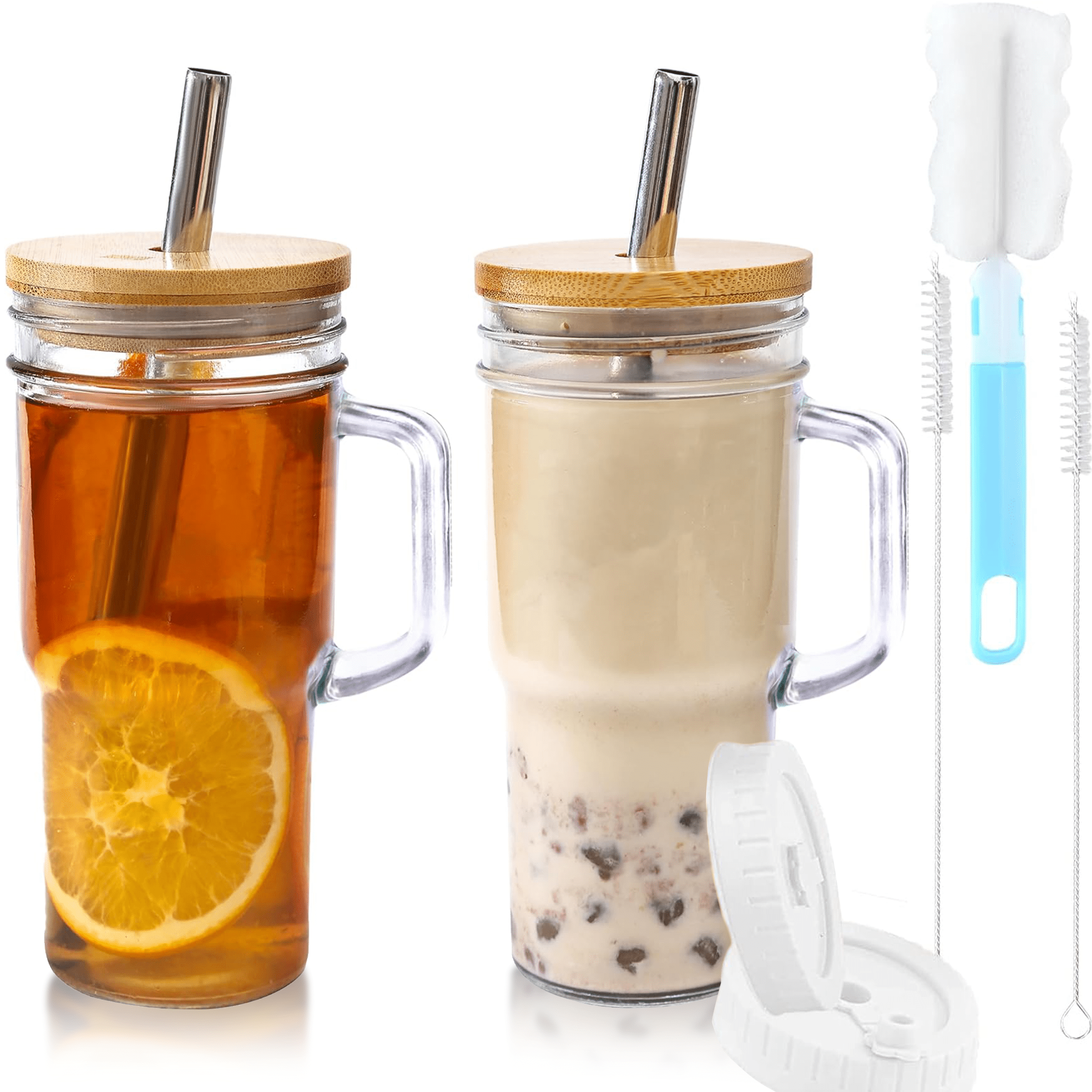 Hnrifc Glass Cups with Bamboo Lids and Straws,24oz Tumbler With Handle,2 Pack Mason Jar with Lid ...