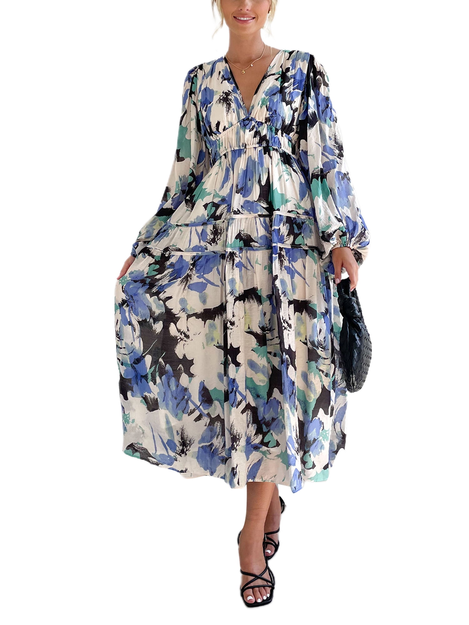 Hnyenmcko Long Sleeve Midi Dress for Women Boho Floral V Neck Tiered ...