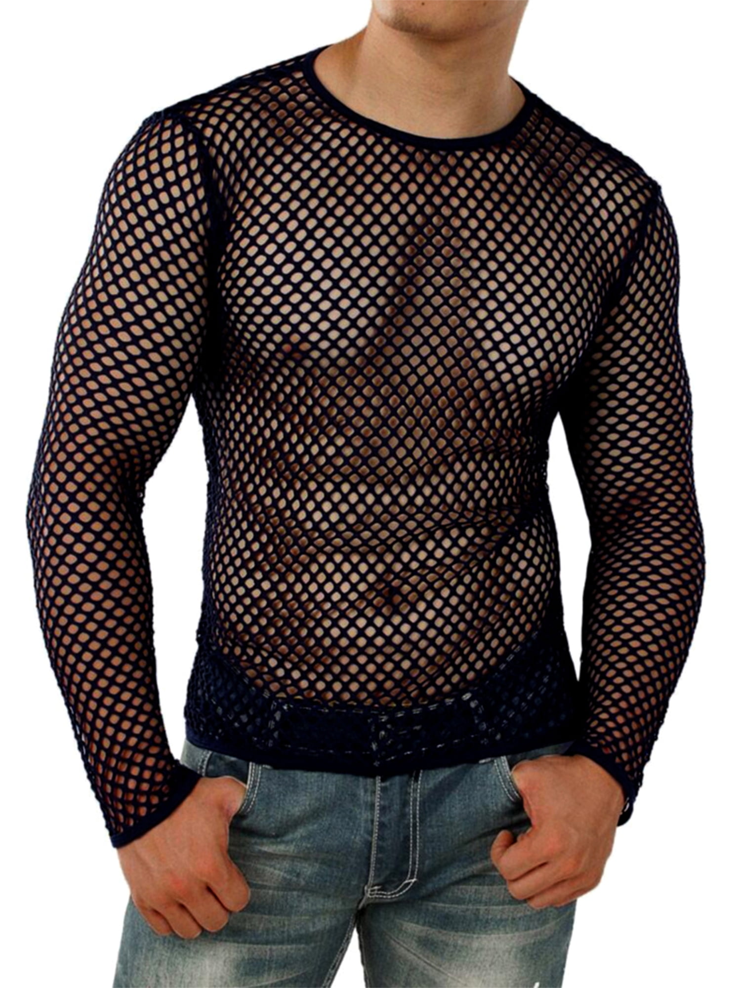 Hnyenmcko Men Fishnet Hollow T-Shirt Long Sleeve Round Neck Muscle ...