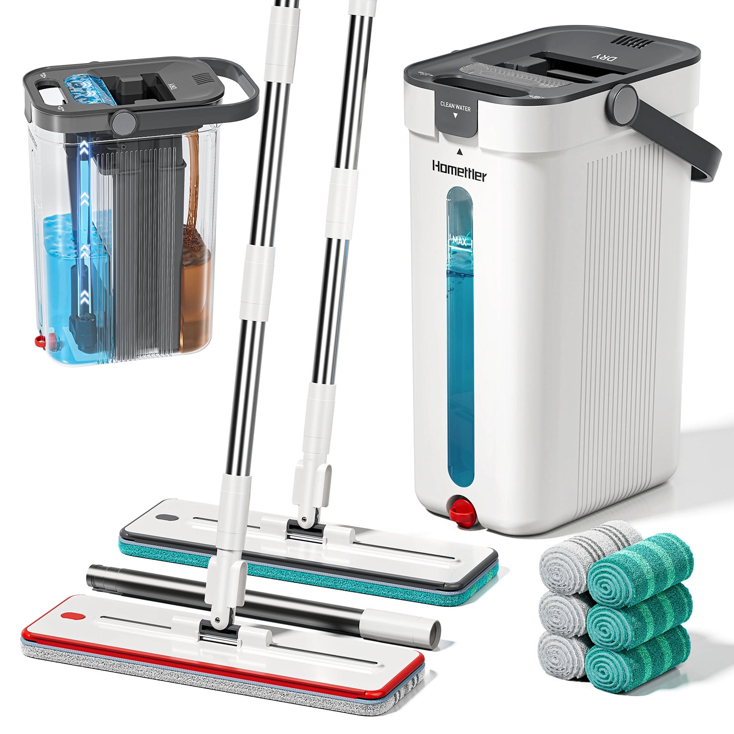 HoMettler Dual-Mop and Bucket Set, 3-Tank Flat Mop and Bucket System ...