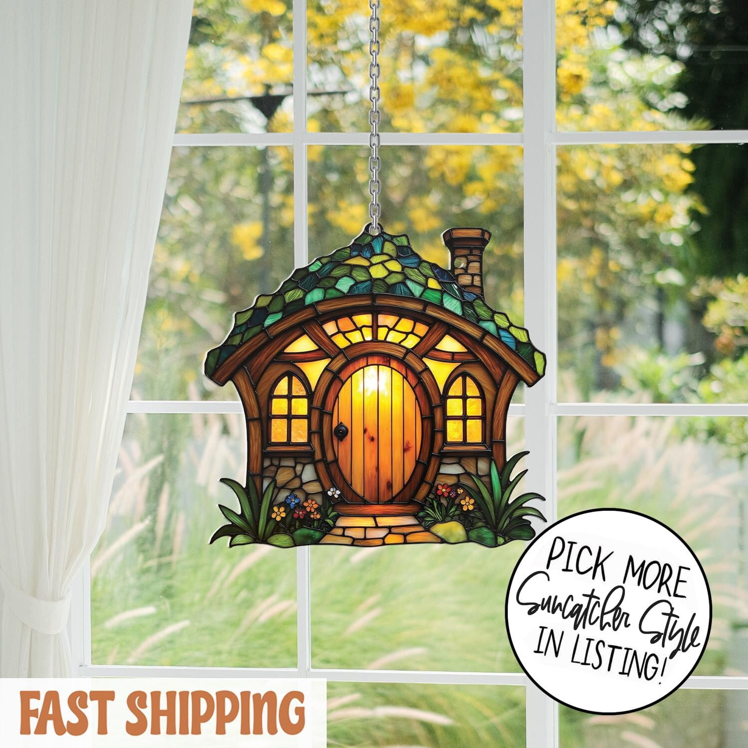 Hobbit House Acrylic Suncatcher, Faux Stained Glass Shire Window Art ...