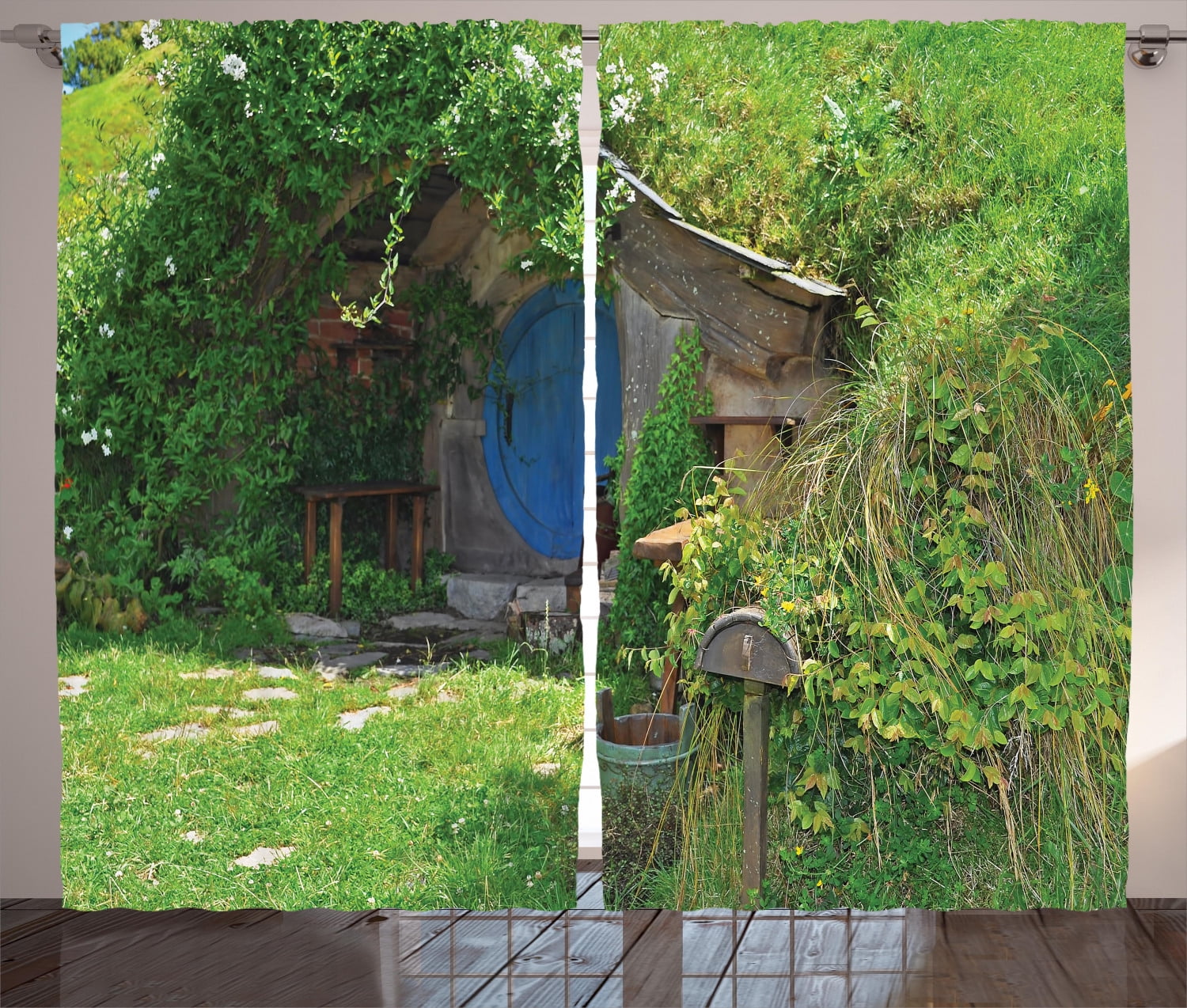 Ambesonne Hobbits Curtains 2 Panel Set, Fantasy Hobbit Land House, 108 ...