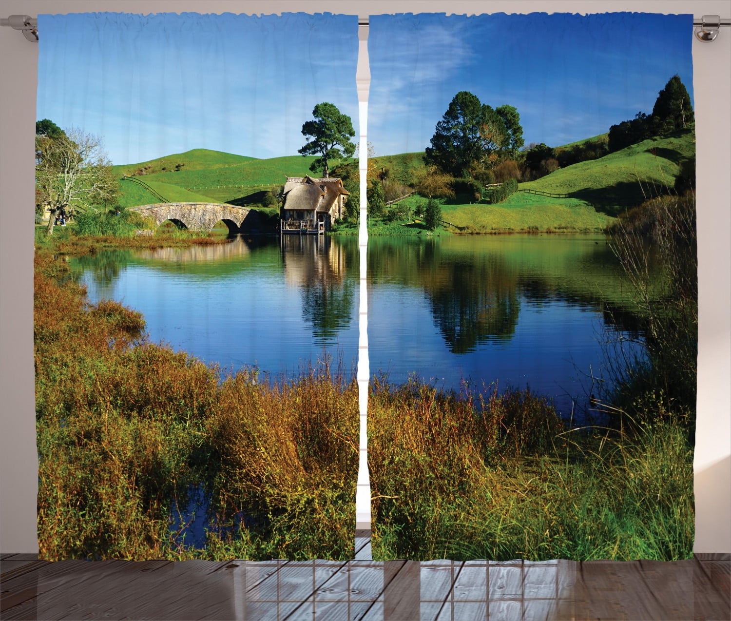 Hobbits Curtains 2 Panels Set, Hobbit Land Village House by Lake with ...